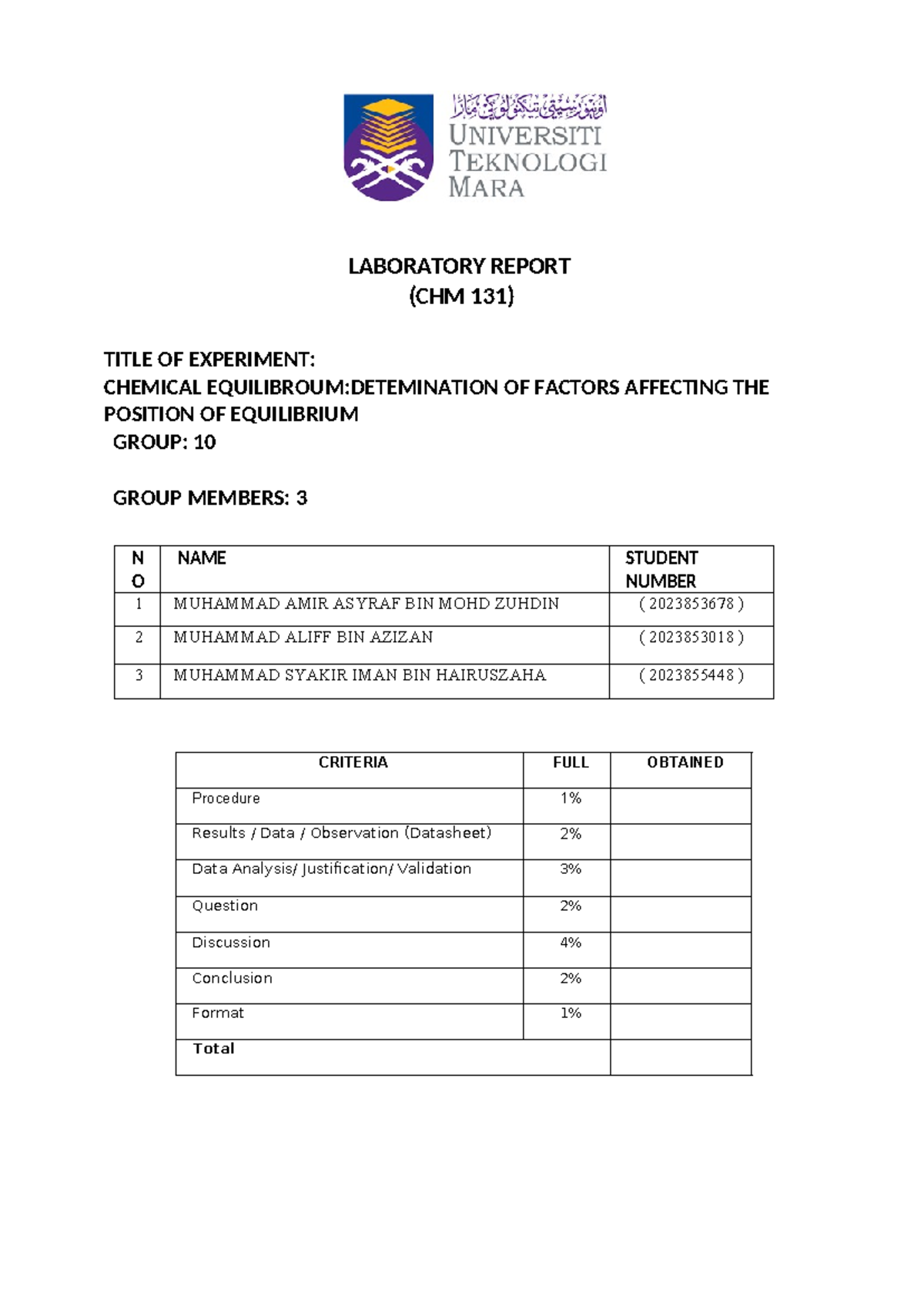 Lab Report Experiment 6 - LABORATORY REPORT (CHM 131) TITLE OF ...