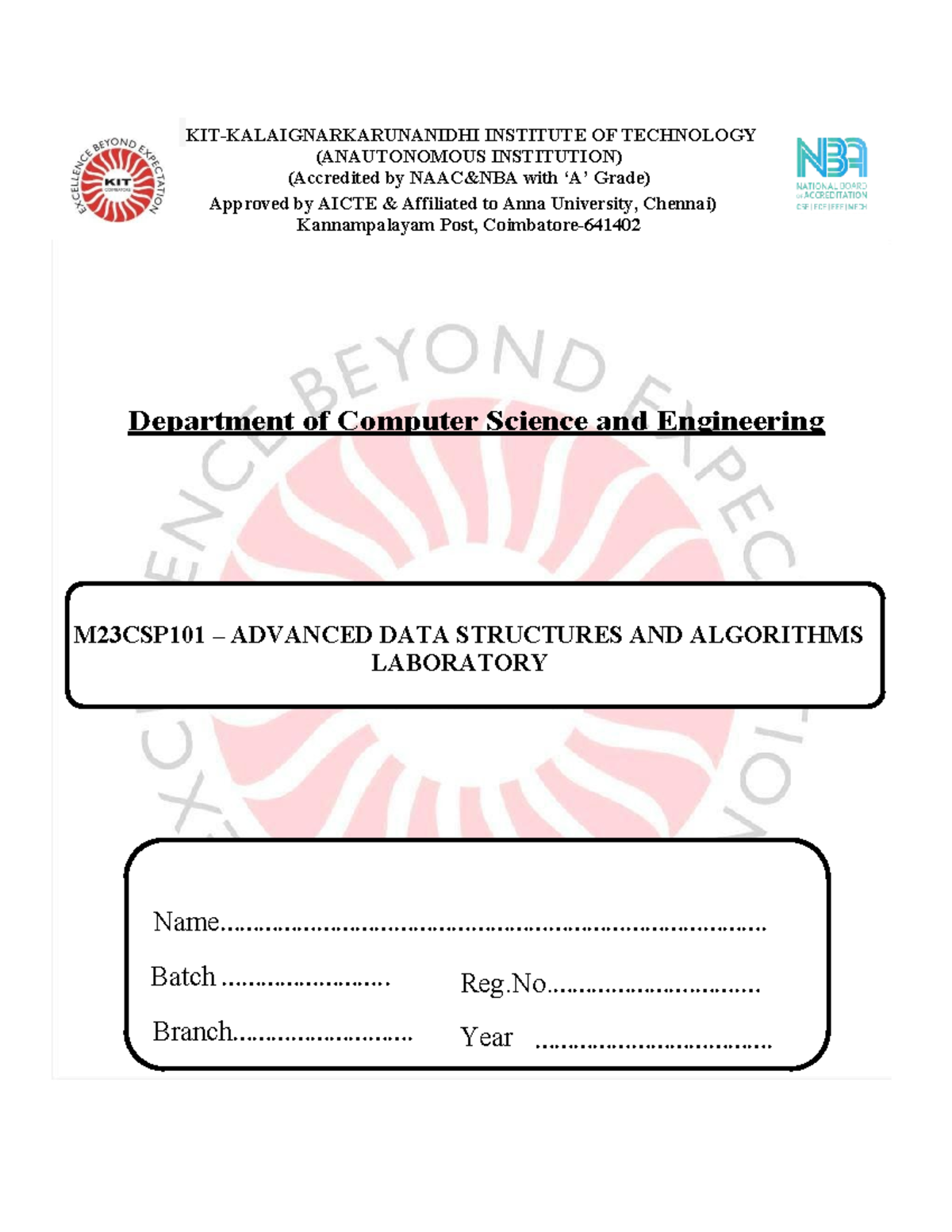 ME CSE LAB manual- Updated 2 - KIT-KALAIGNARKARUNANIDHI INSTITUTE OF ...