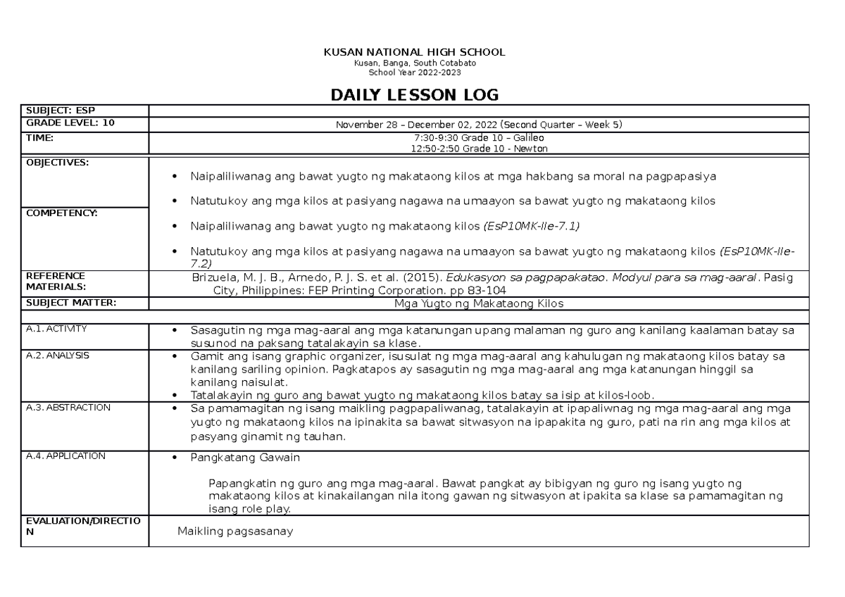 Week 5 - This is a Daily Lesson Log for ESP 10. - KUSAN NATIONAL HIGH ...