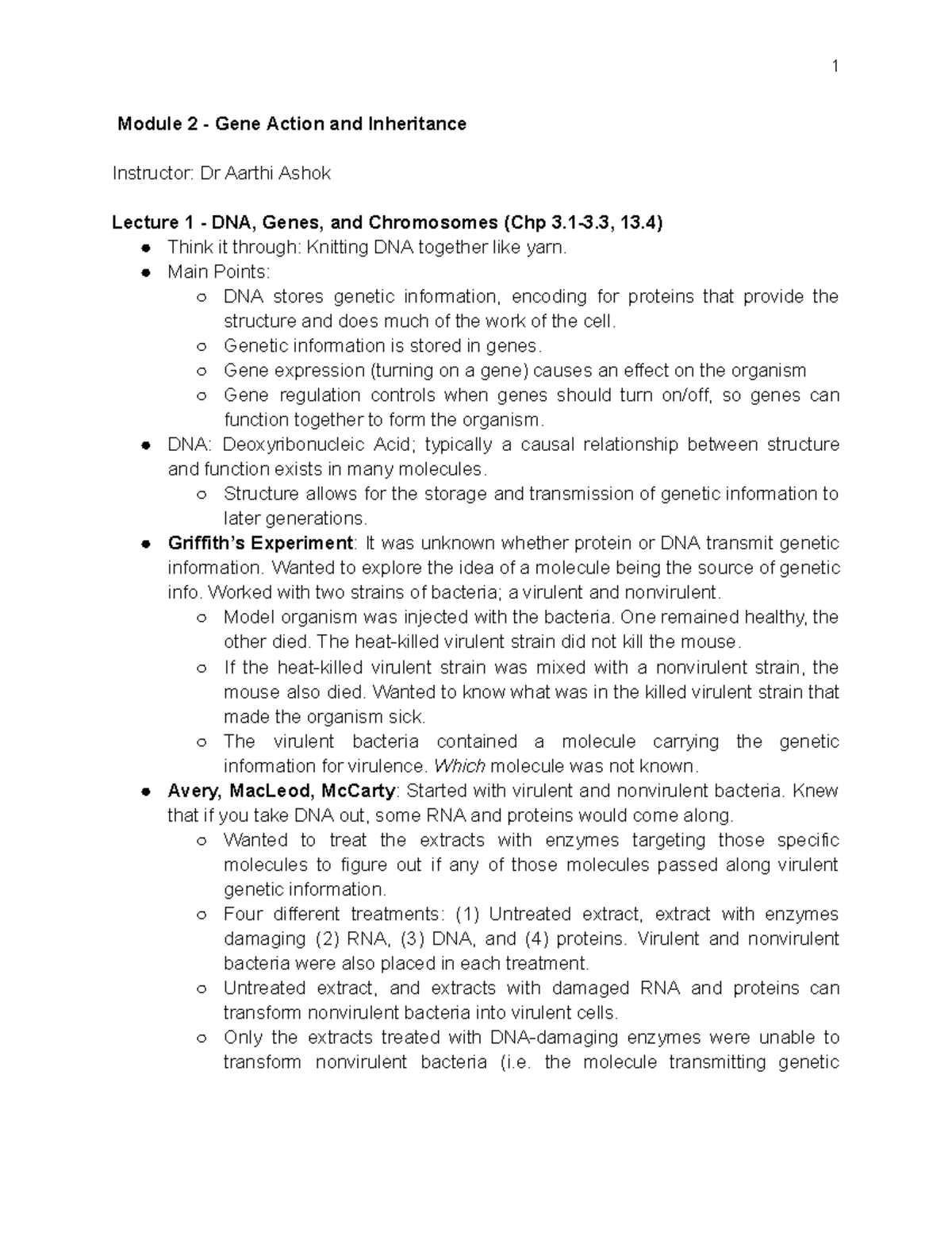 BIOA01 Module 2 Notes Masterdoc - Module 2 - Gene Action and ...