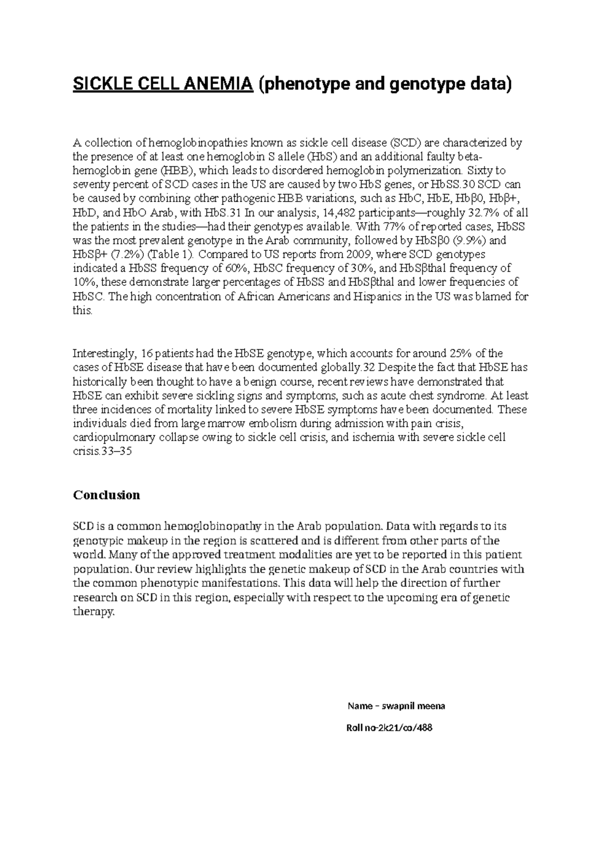 Sickle CELL Anemia assignment 1 - SICKLE CELL ANEMIA (phenotype and ...
