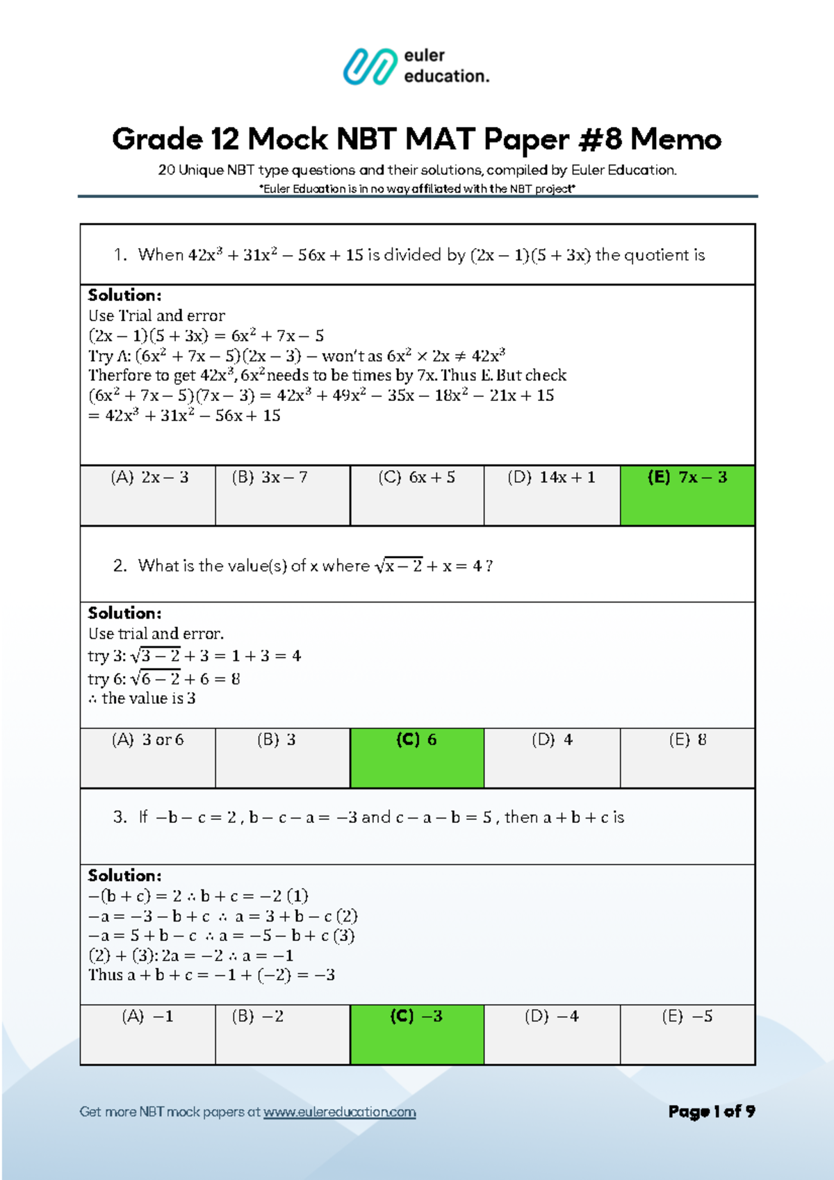NBT Practice Paper 8 Memo - Grade 12 Mock NBT MAT Paper # 8 Memo 20 ...