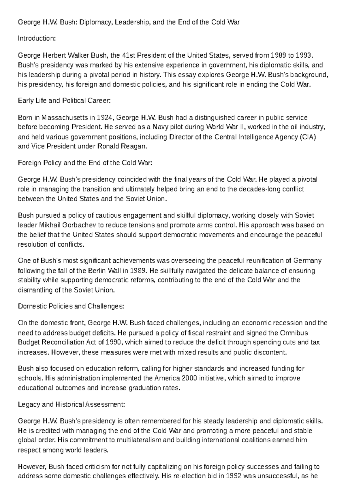 George H.W. Bush Diplomacy, Leadership, and the End of the Cold War ...