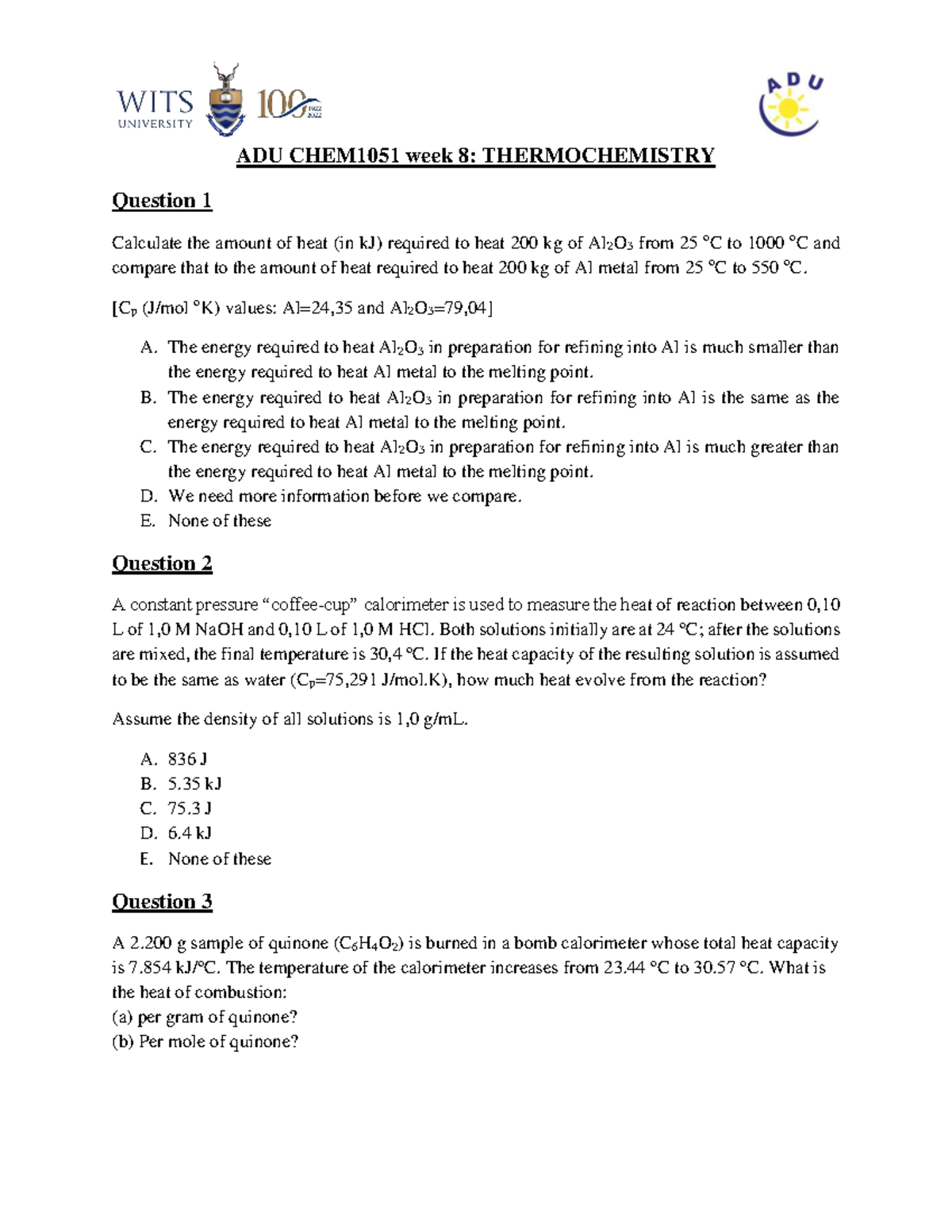 ADU CHEM1051 Questions week 8 -1771403972 - ADU CHEM1051 week 8 ...