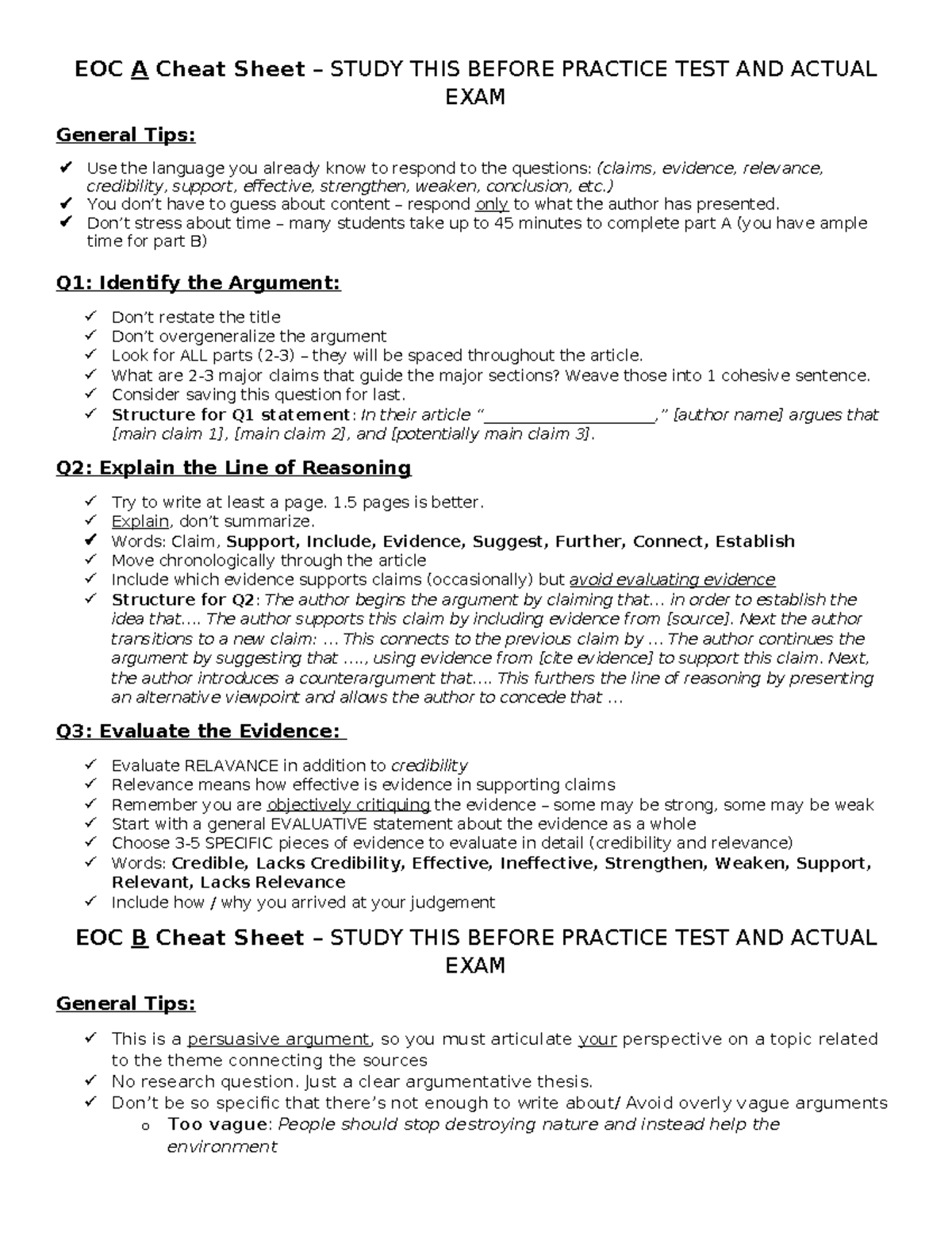 EOC A & B Cheat Sheet - EOC A Cheat Sheet – STUDY THIS BEFORE PRACTICE ...