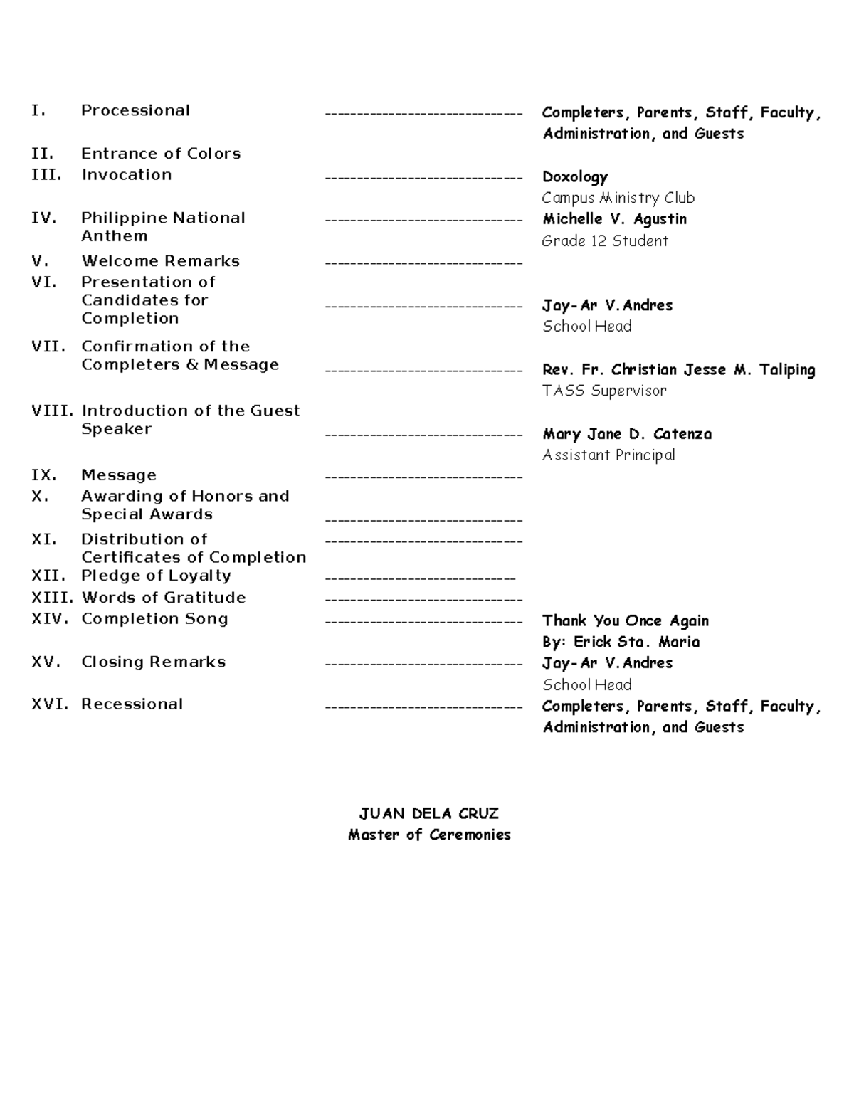 Program - I. Processional - Completers, Parents, Staff, Faculty ...