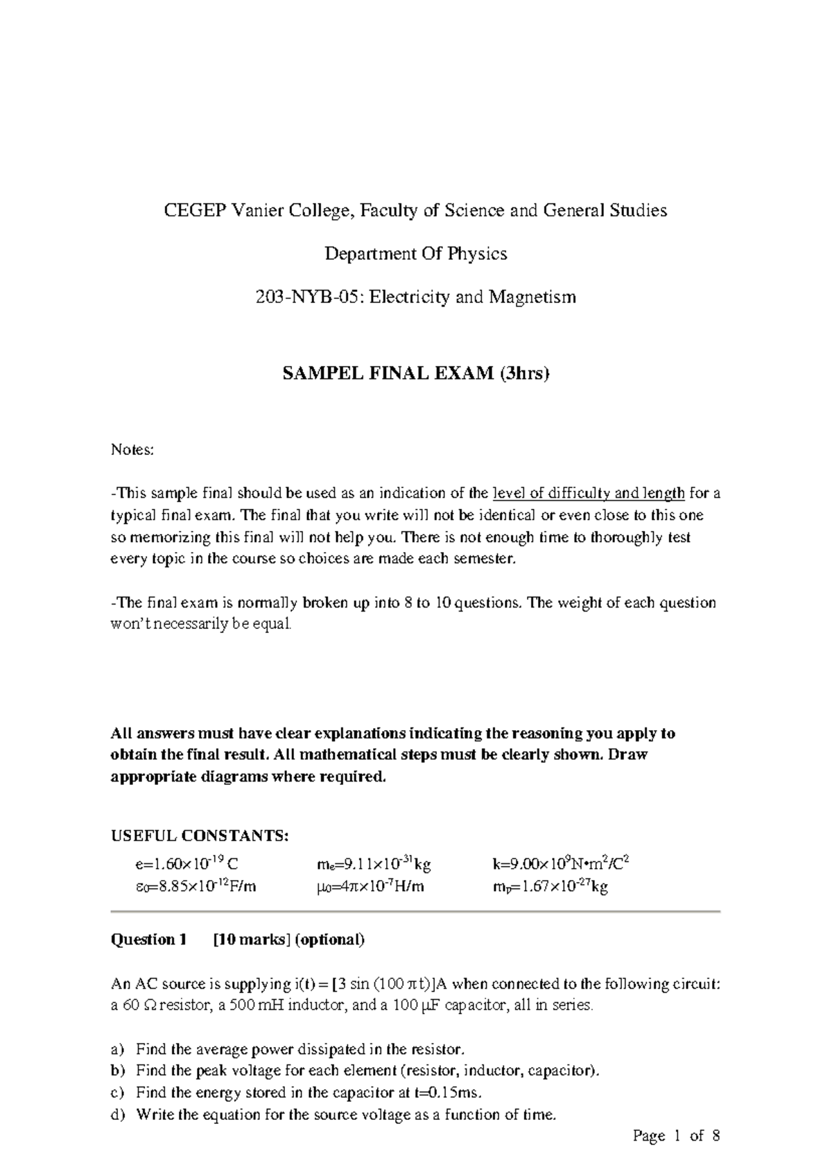 Final nyb sample answer - CEGEP Vanier College, Faculty of Science and ...