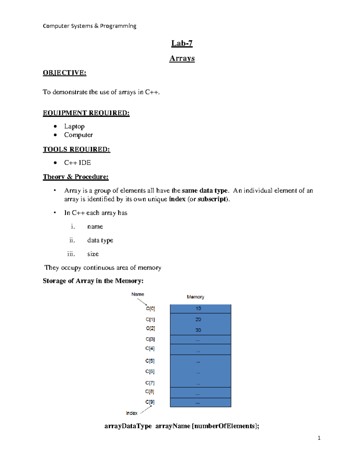 (Lab 07) C++ - Lab- Arrays OBJECTIVE: To demonstrate the use of arrays ...