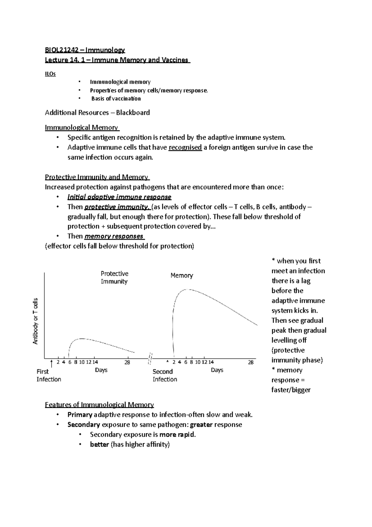 Lecture 14. 1 – Immune Memory and Vaccines - BIOL21242 – Immunology ...