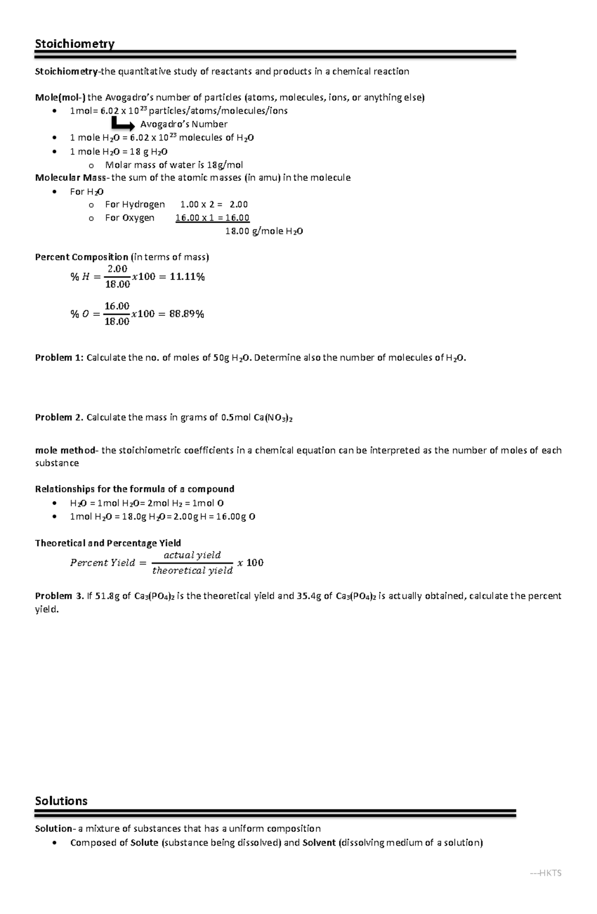 Stoich handout - Chem 2 final exam -HKTS Stoichiometry Stoichiometry ...