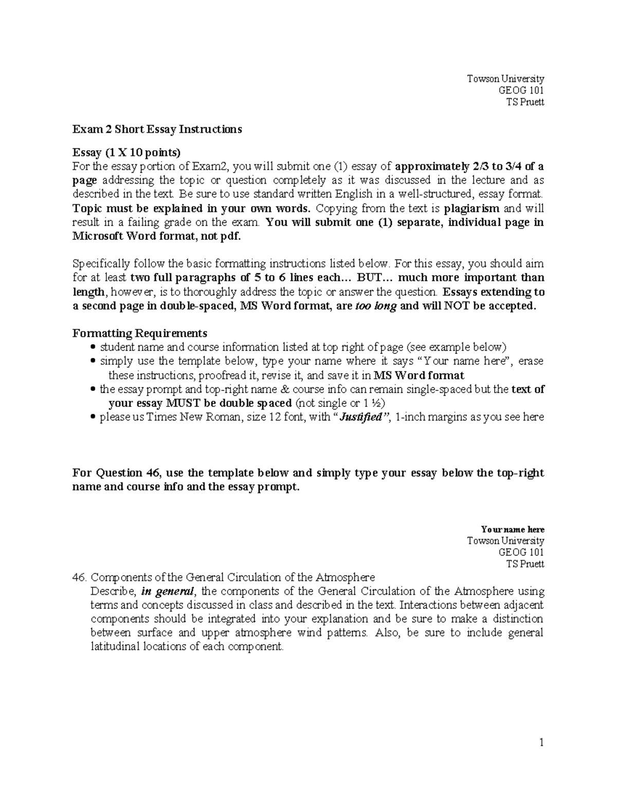 Exam 2 essay instructions - Towson University GEOG 101 TS Pruett Exam 2 ...