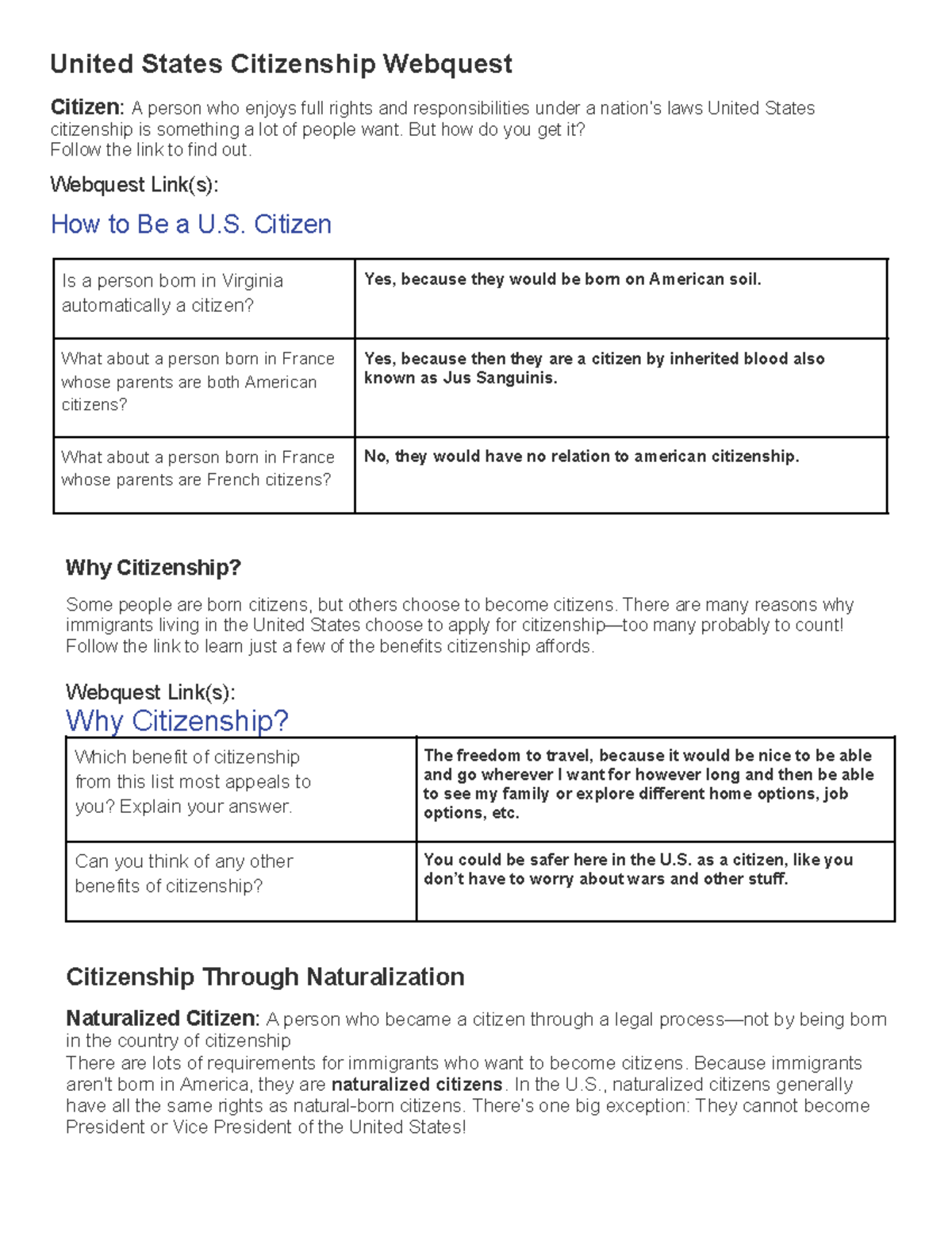 Worksheet webquest - United States Citizenship Webquest Citizen: A ...