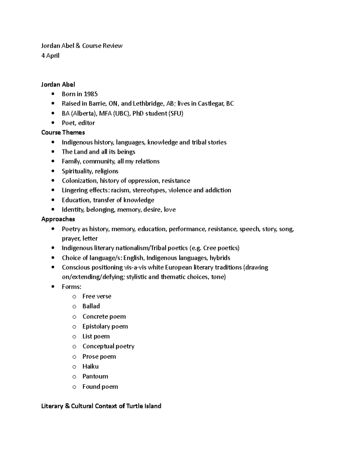 Course Review - Summary Indigenous Poetry - Jordan Abel & Course Review ...