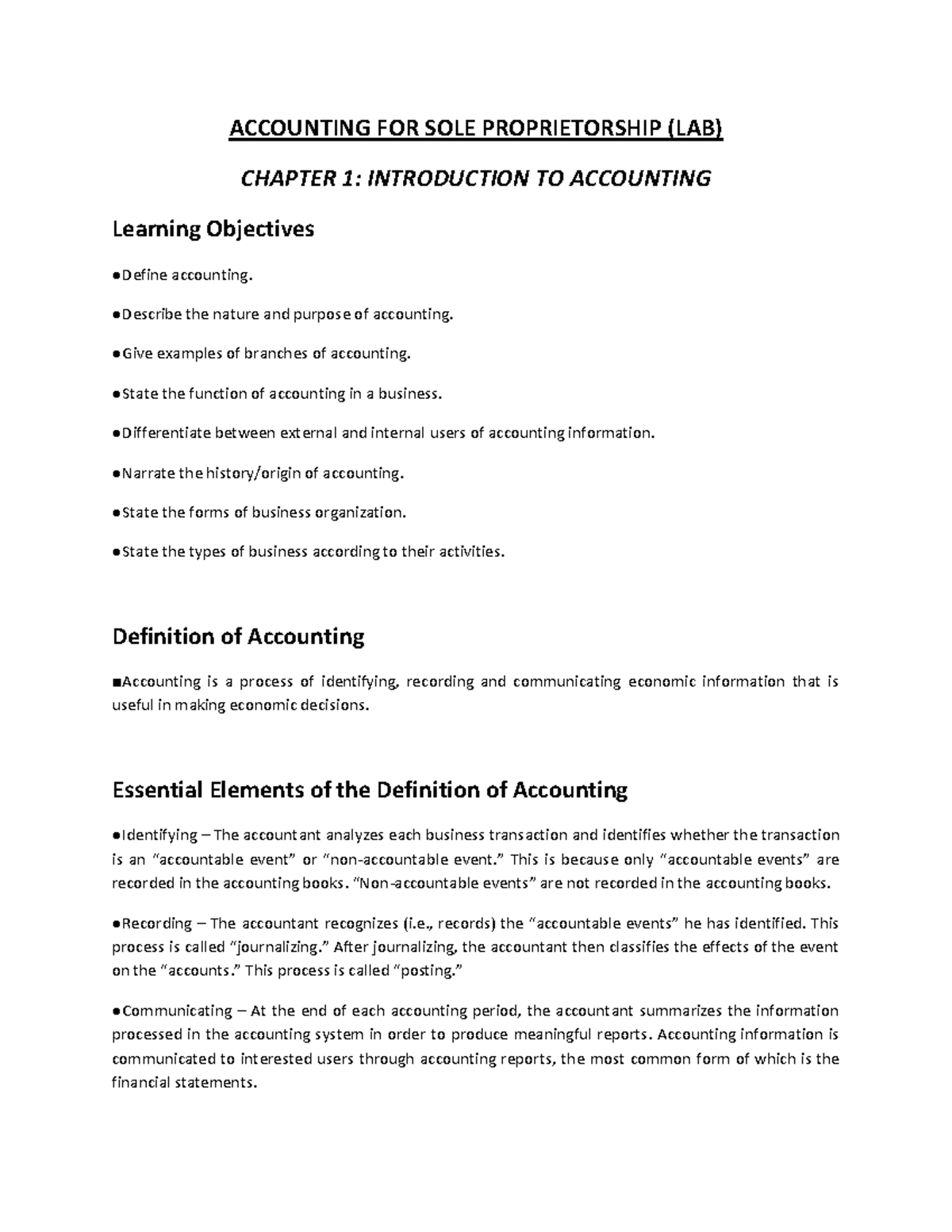 Accounting Lab Chapter 1 - ACCOUNTING FOR SOLE PROPRIETORSHIP (LAB ...