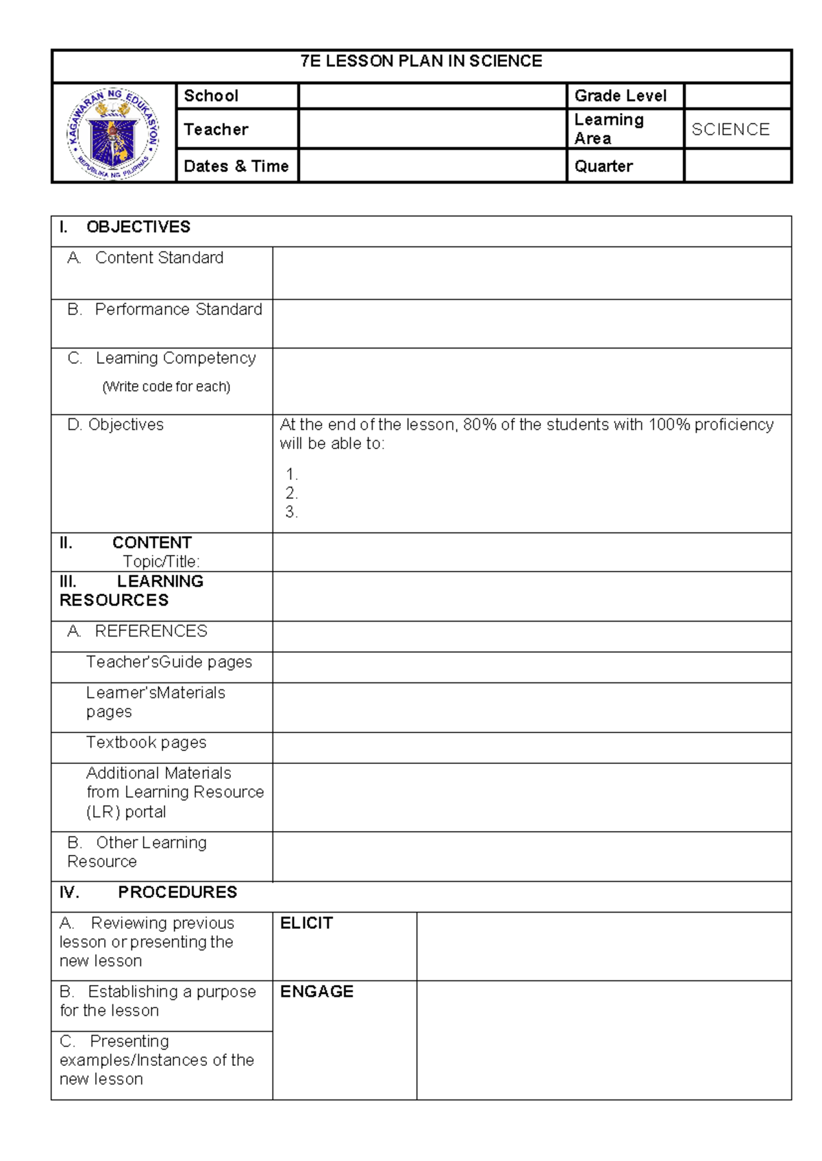 7Es-lesson-plan-template - 7E LESSON PLAN IN SCIENCE School Grade Level ...