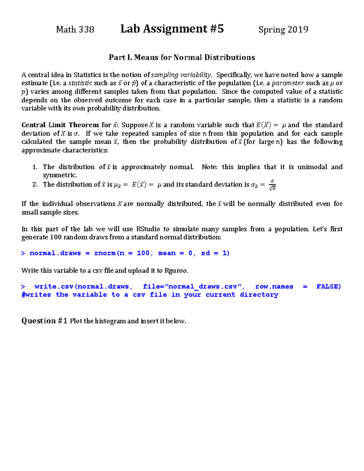 Lab Assignment 5-Solutions - Math 338 Lab Assignment Spring 2019 Part I. Means for Normal - Studocu