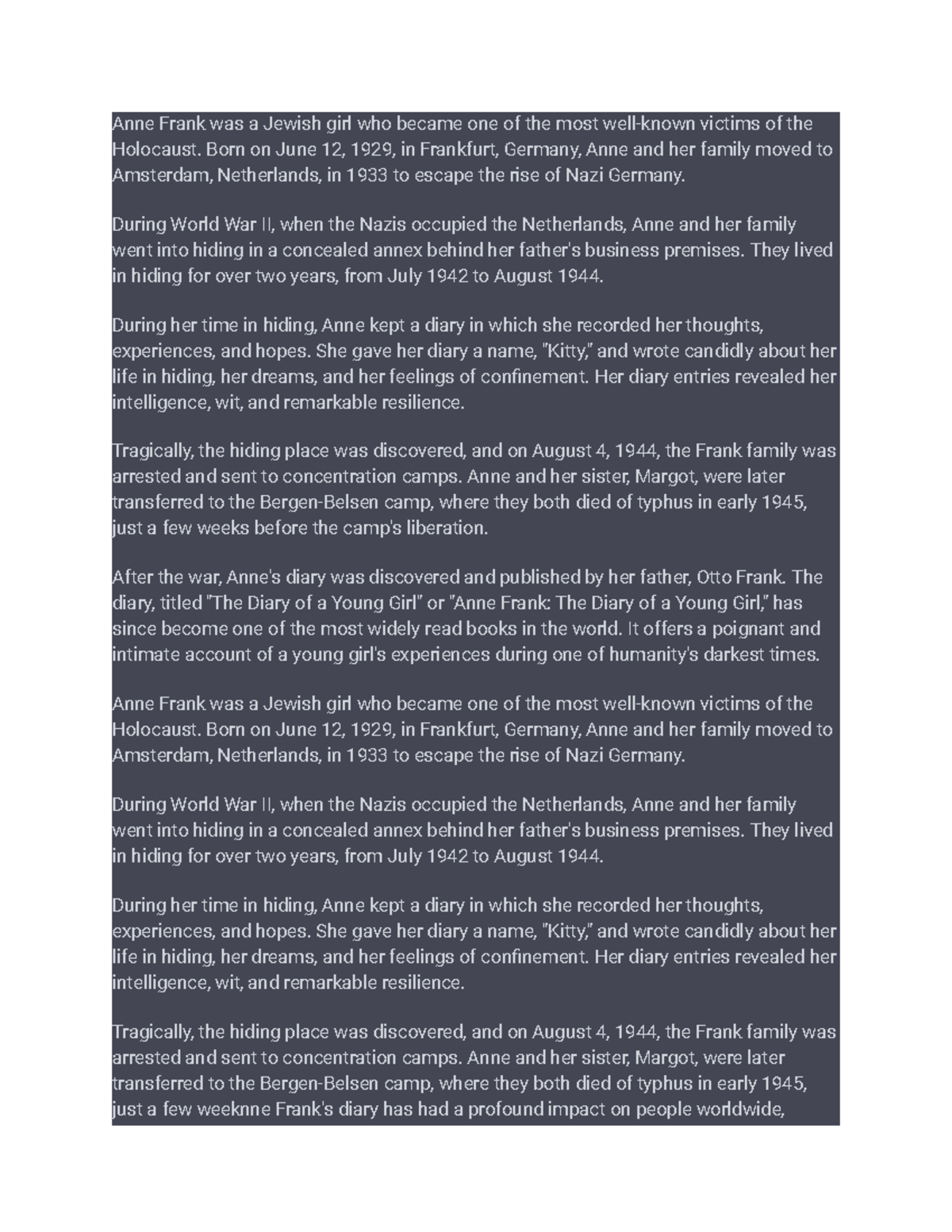 ANNE Frank - ESSAY - Anne Frank was a Jewish girl who became one of the ...