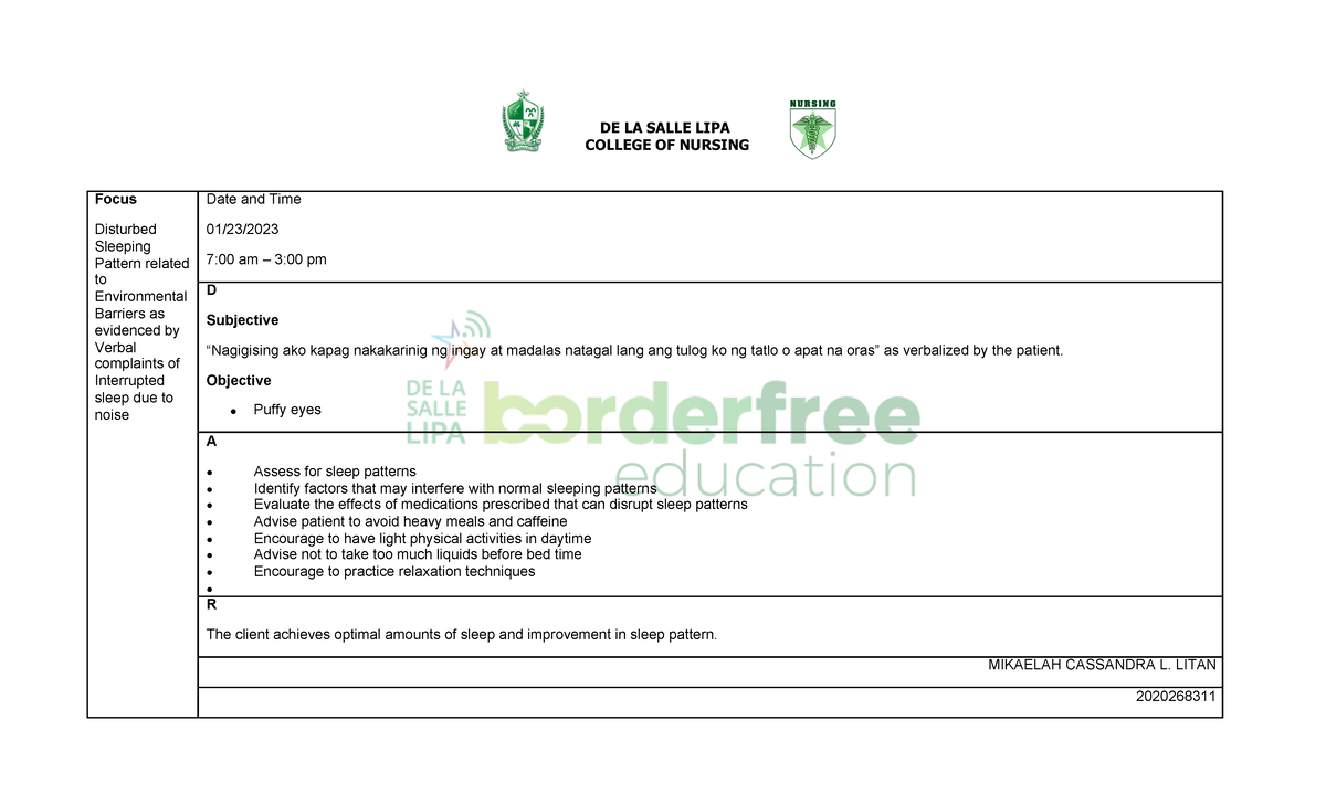 FDAR for Disturbed Sleeping Pattern related to Environmental Barriers ...