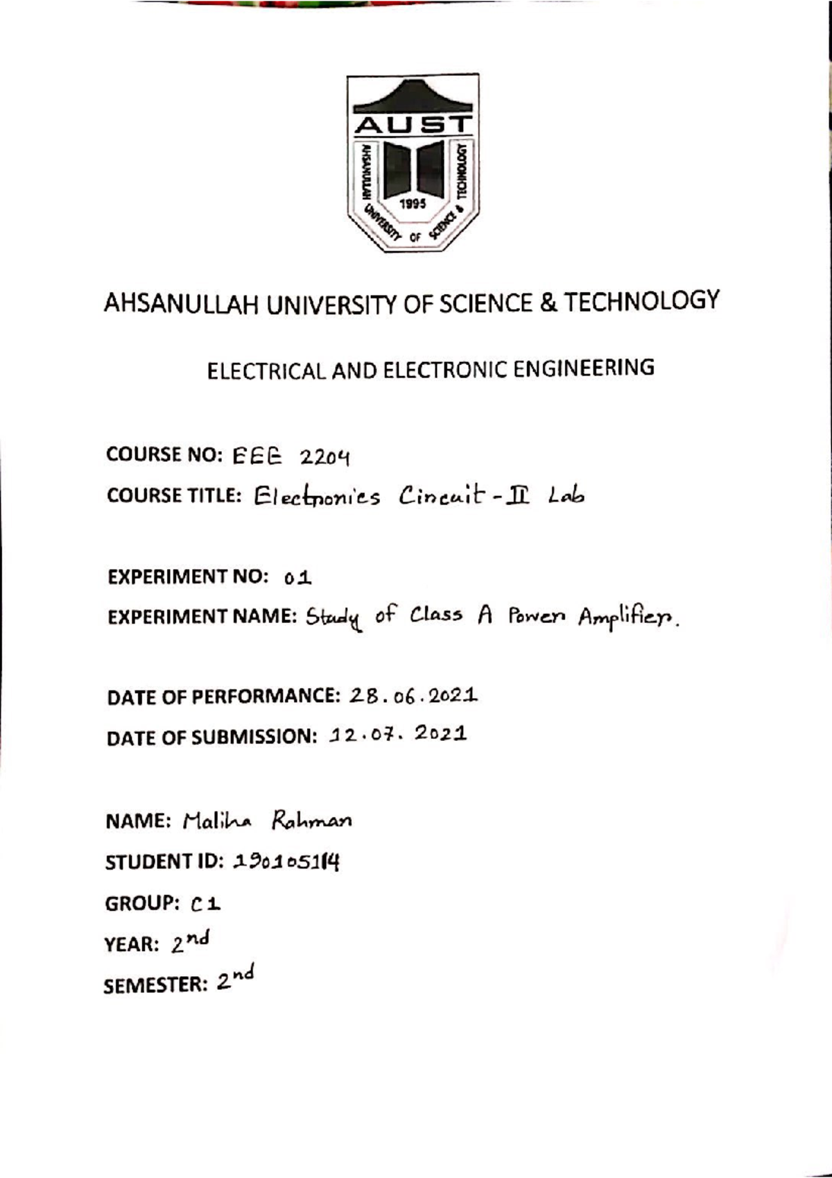 EEE 2204-190105114-EXP1 - Electrical and Electronic Engineering - Studocu