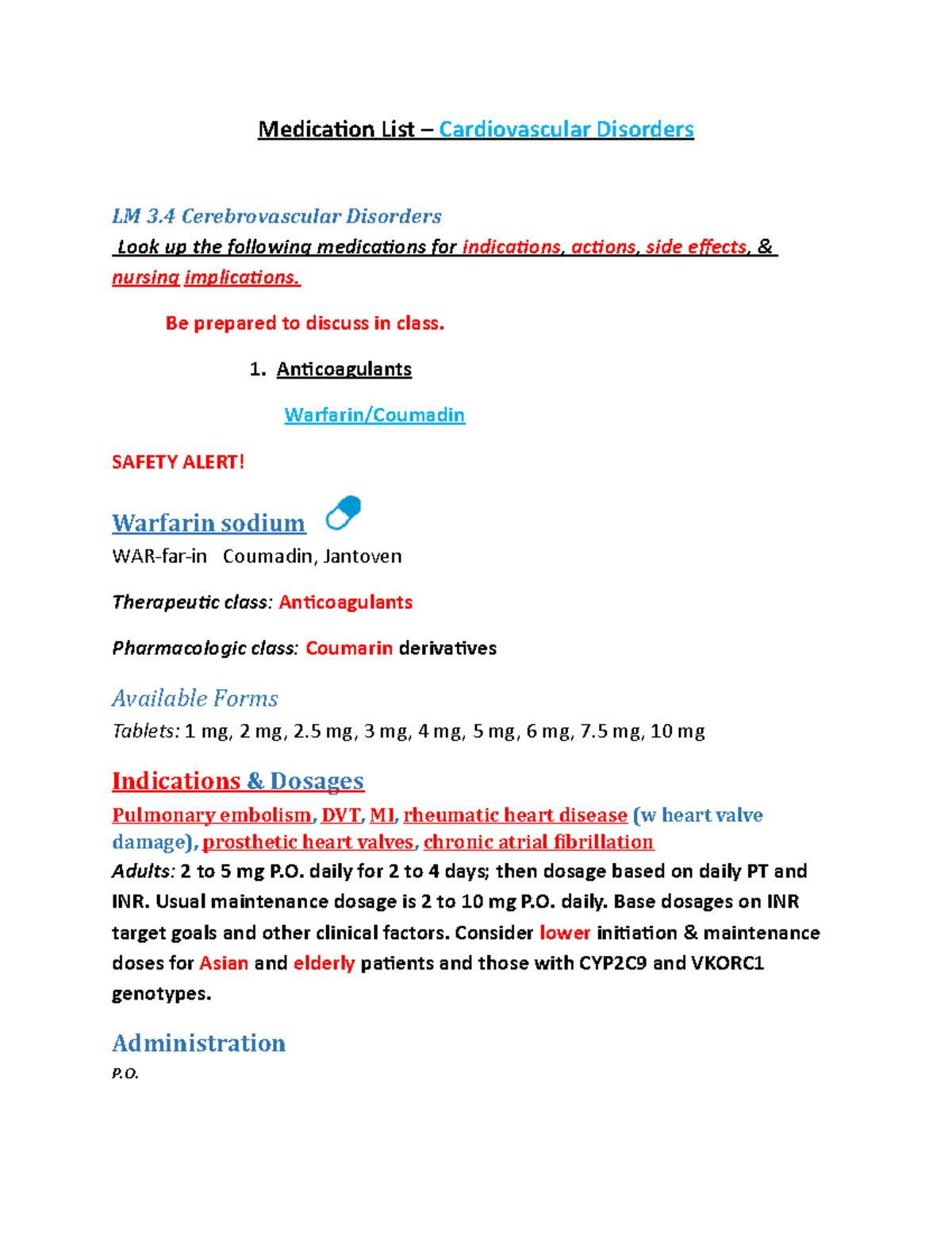 Medication List - Cardiovascular Disorders - Be prepared to discuss in ...