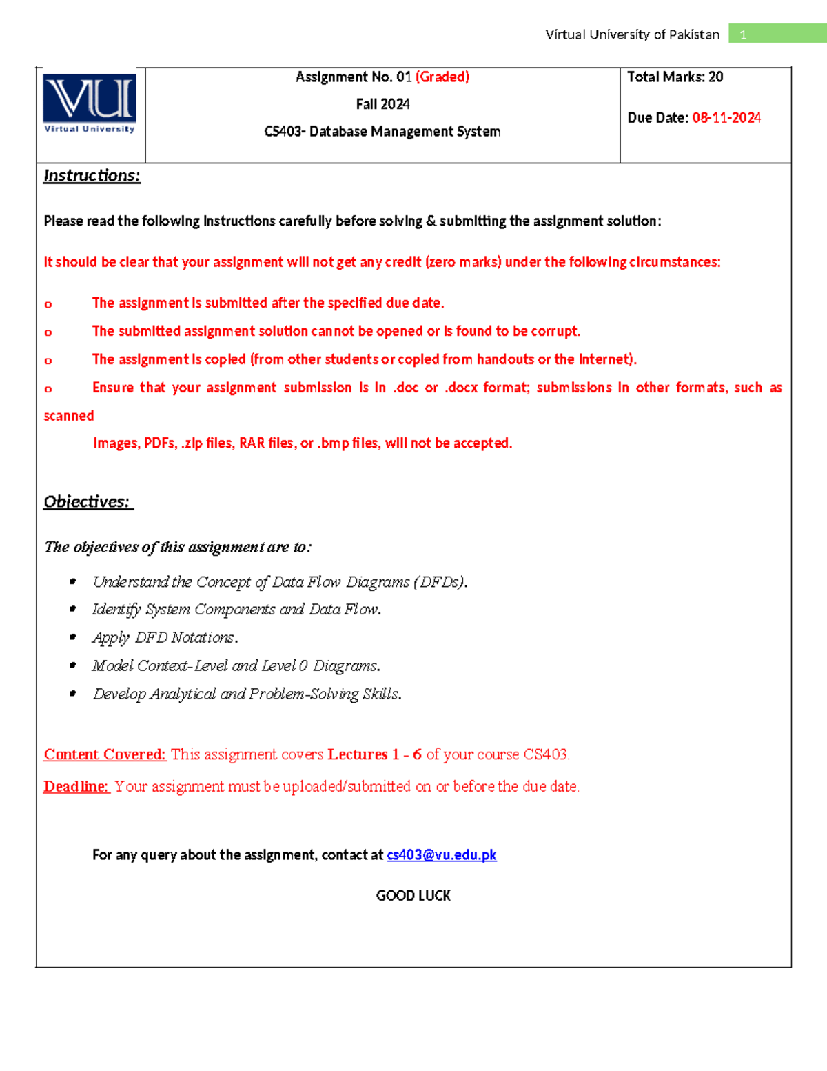 Fall 2024 CS403 1 - Assignmernt solution - Virtual University of Pakistan 1 Assignment No. 01 ...