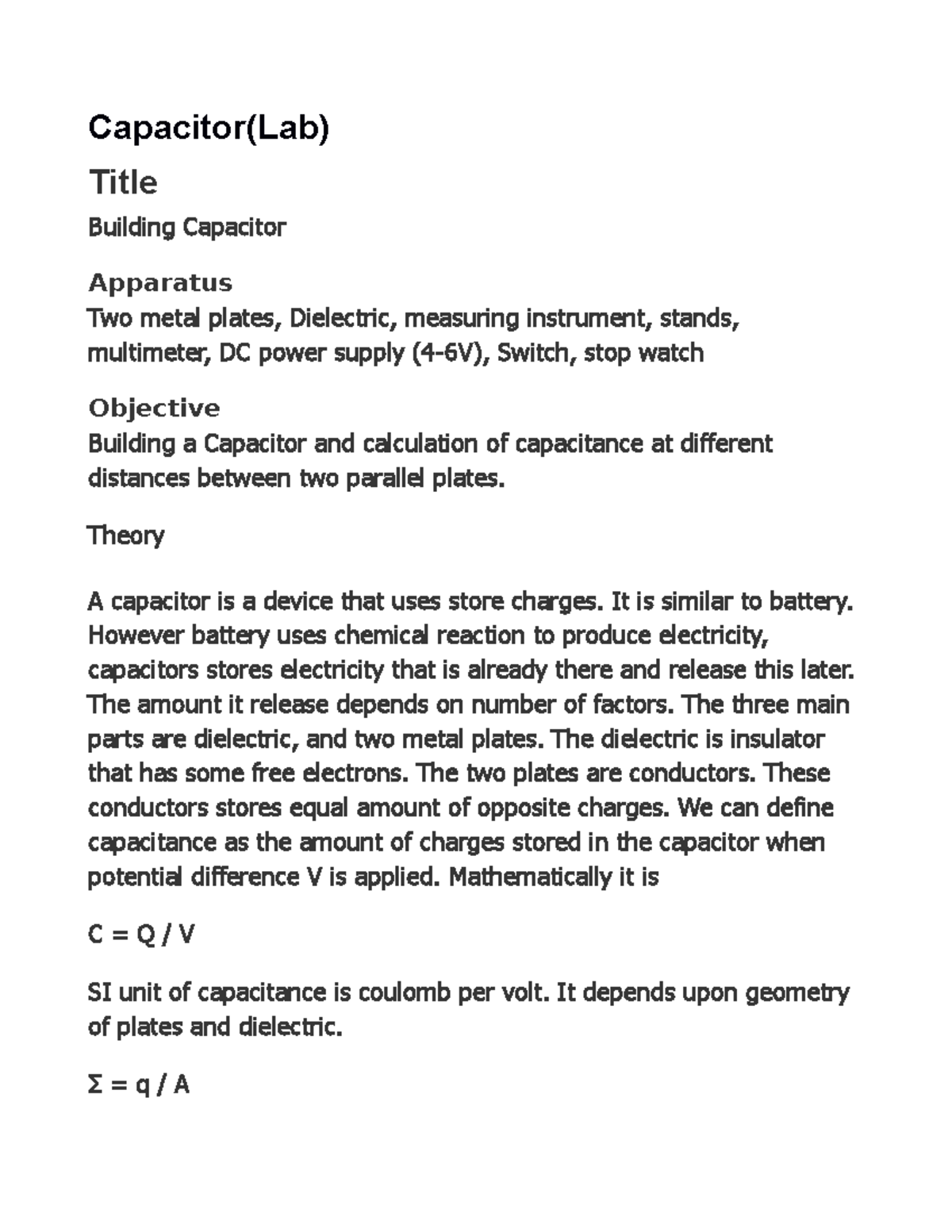 Capacitor lab reprt - Capacitor(Lab) Title Building Capacitor Apparatus ...