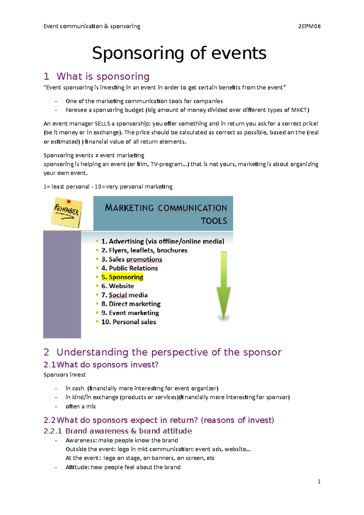 Samenvatting - Sponsoring of events 1 What is sponsoring “Event ...