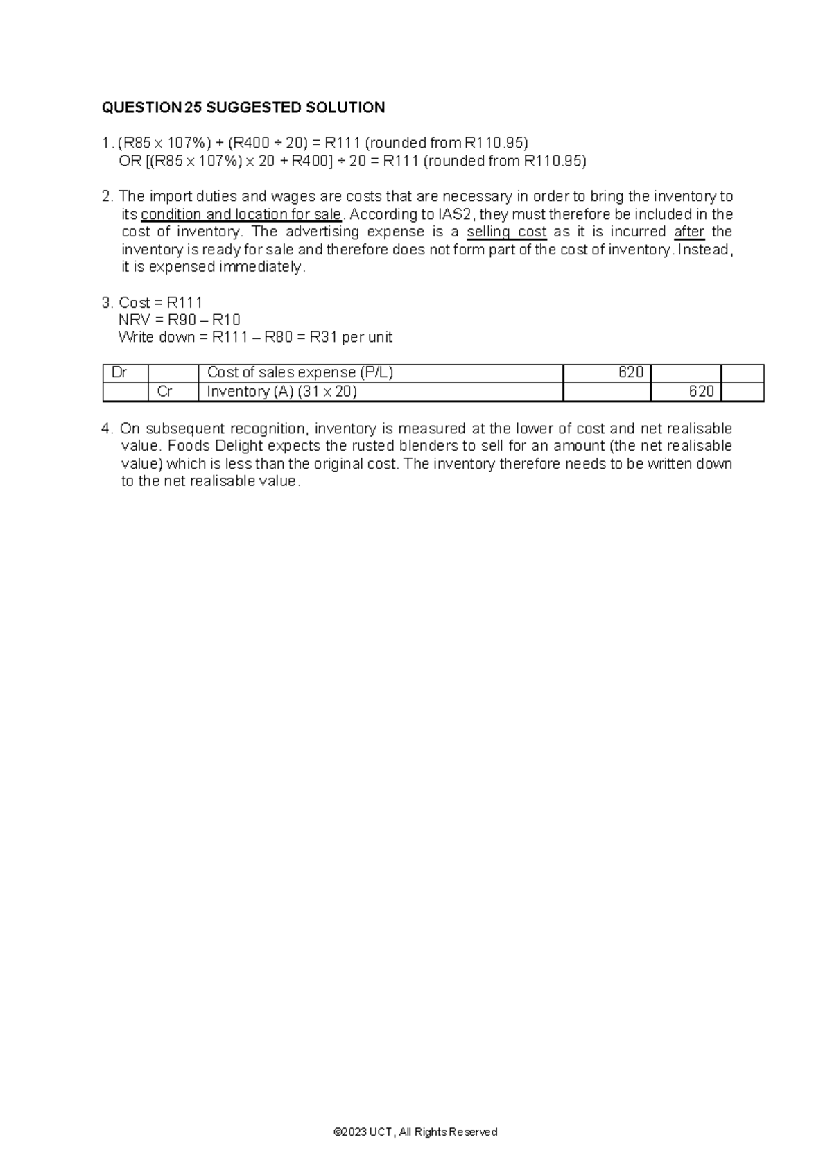 2024 Week 10 Tutorial Solutions - QUESTION 25 SUGGESTED SOLUTION (R85 x 107%) + (R400 ÷ 20 ...