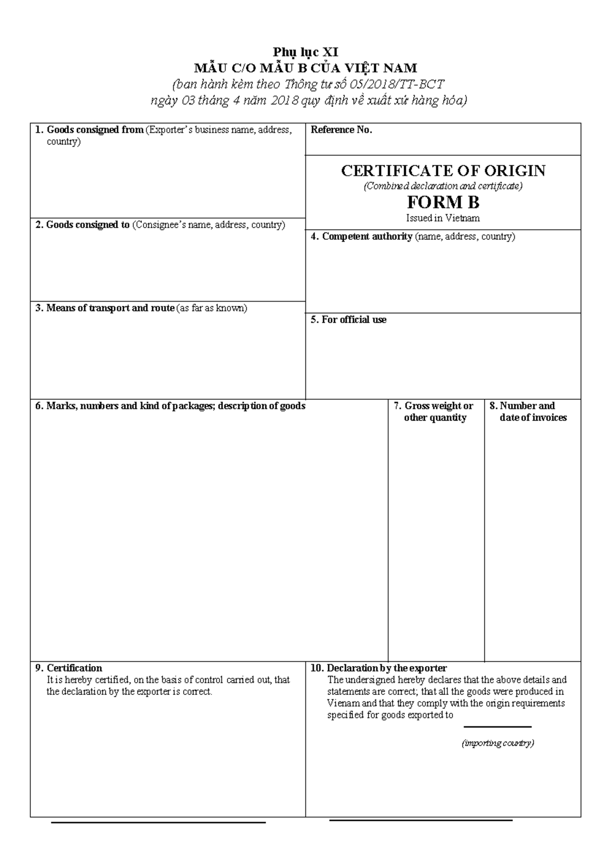 11 Phu luc XI mau CO Form B rev5 - Phụ lục XI MẪU C/O MẪU B CỦA VIỆT ...