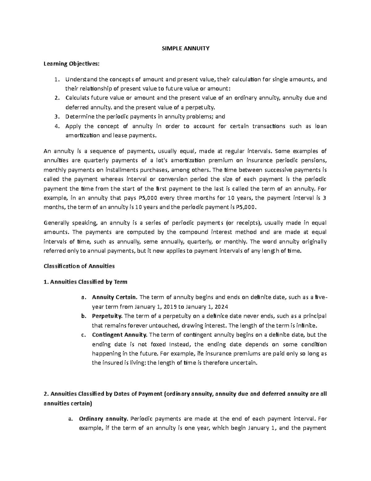 Simple Annuity - SIMPLE ANNUITY Learning Objectives: Understand the ...