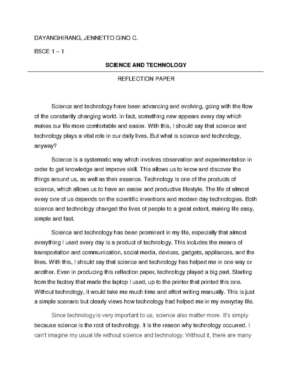 UIC_STS_Science and Technology Reflection Paper - DAYANGHIRANG ...