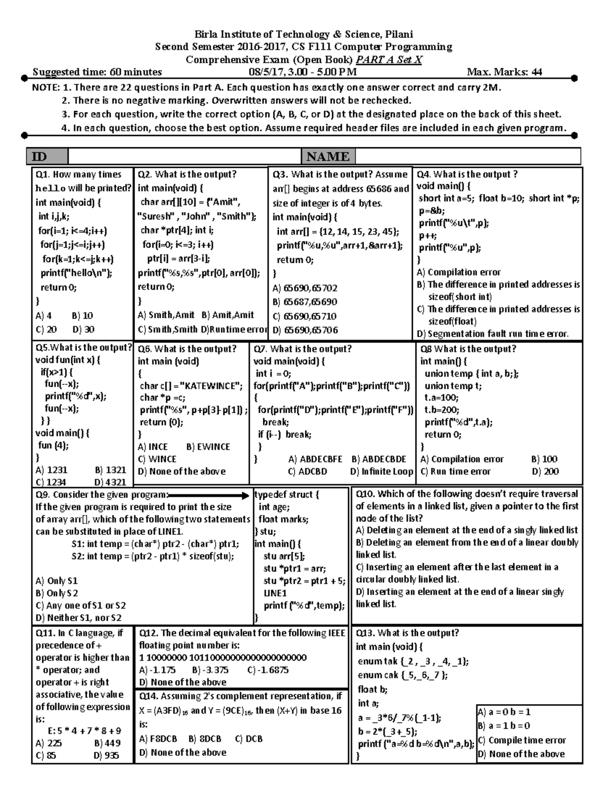 CS F111 1008 C 2017 2 - MIDSEM - Computer Programming - BITS Pilani - Studocu