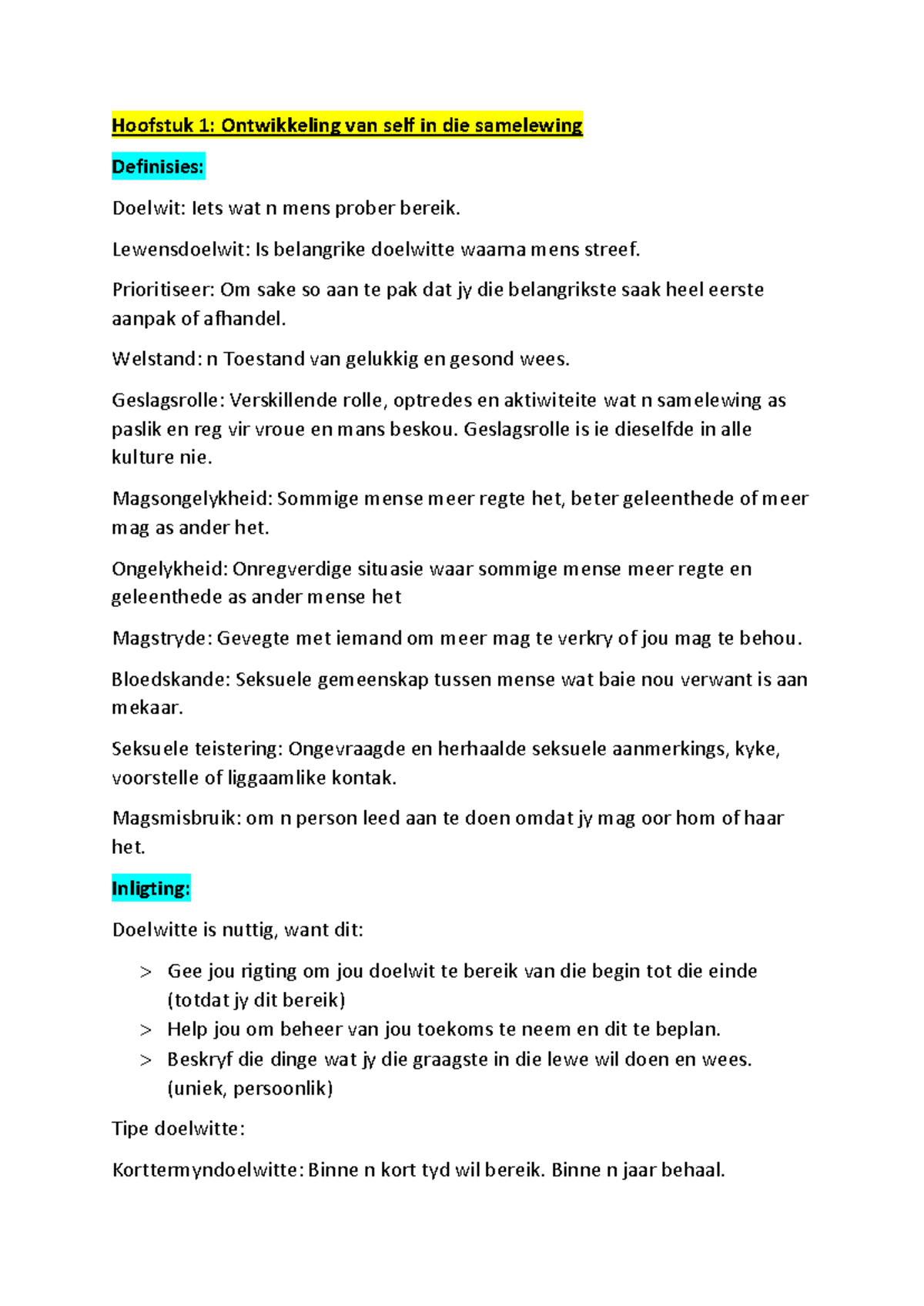 Kwartaal 1 en 2 opsomming - Hoofstuk 1: Ontwikkeling van self in die ...