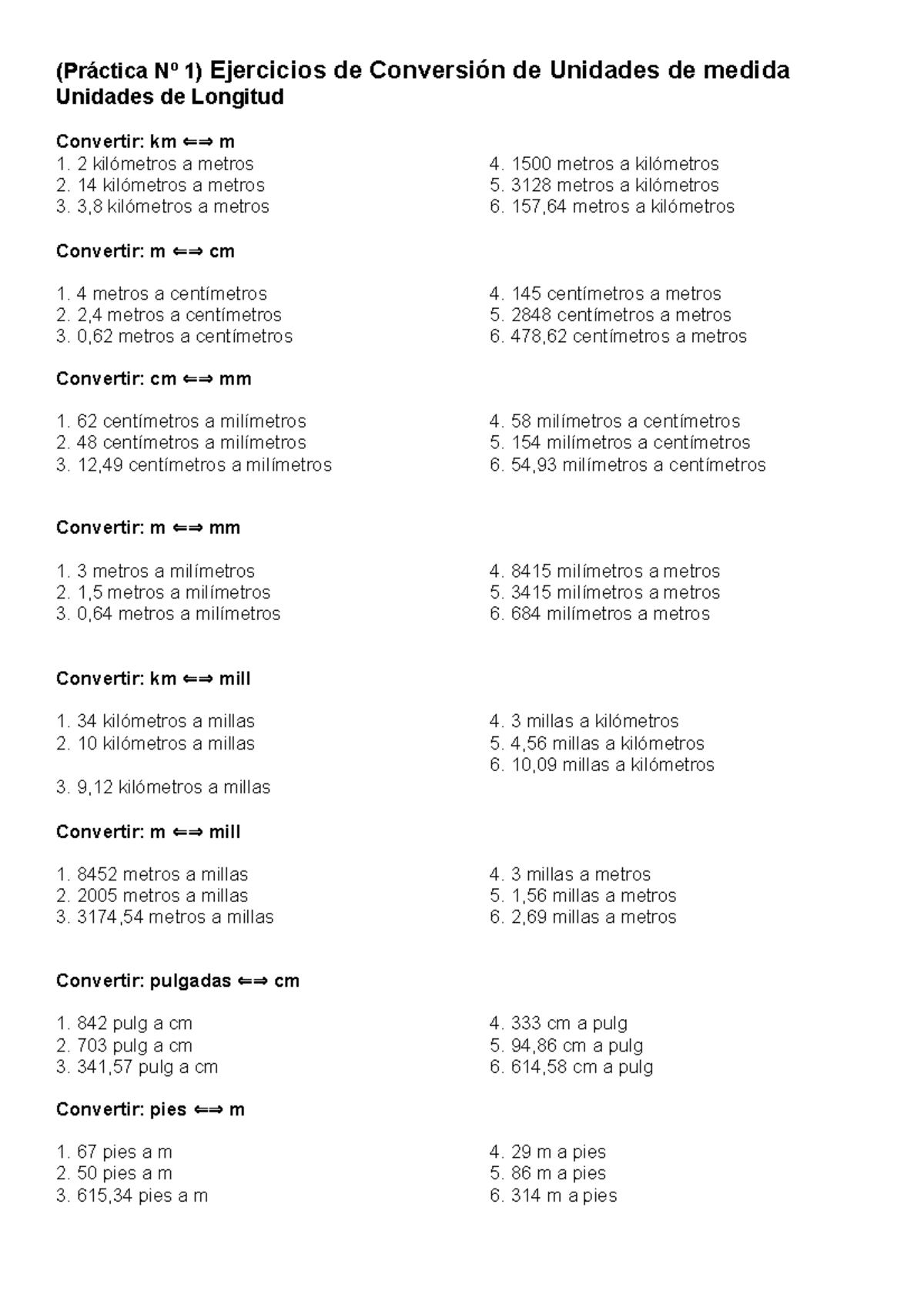 Ejercicios De Conversiones De Unidades De Medida tarea 1 Pr ctica N 