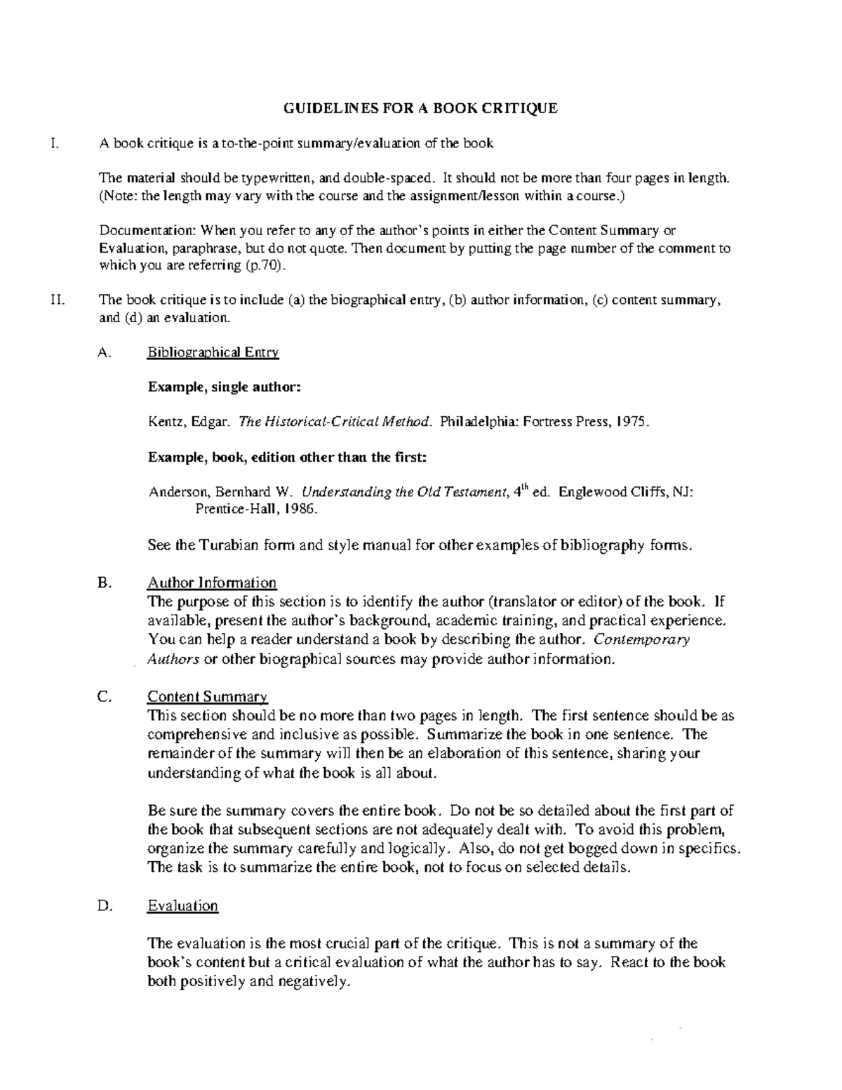 Mbkcrtq Yah GUIDELINES FOR A BOOK CRITIQUE I A Book Critique Is A