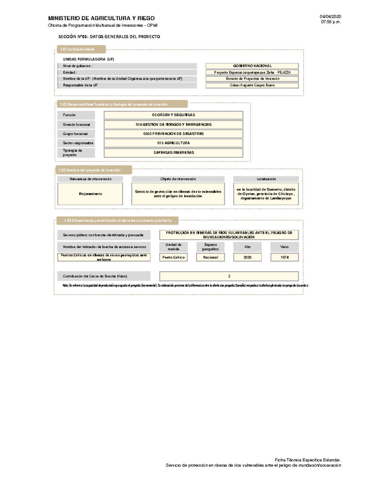 Formato 6A - Fichas de proyecto de Inversión Pública - MINISTERIO DE AGRICULTURA Y RIEGO Oficina ...
