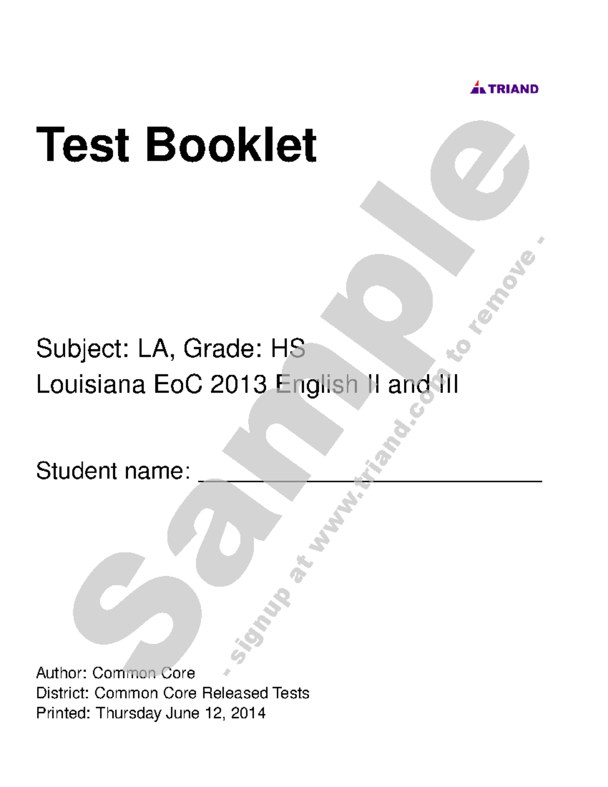 Testbooklet - Test practica ingles - Test Booklet Subject: LA, Grade ...