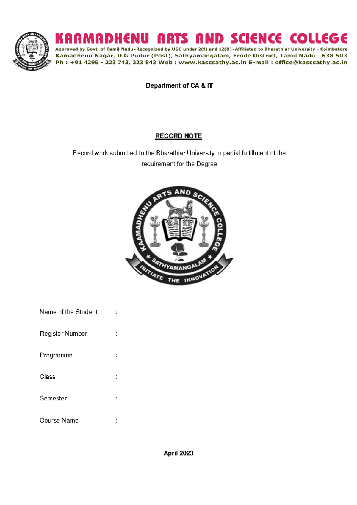 GM LAB Record - Department of CA & IT RECORD NOTE Record work submitted ...
