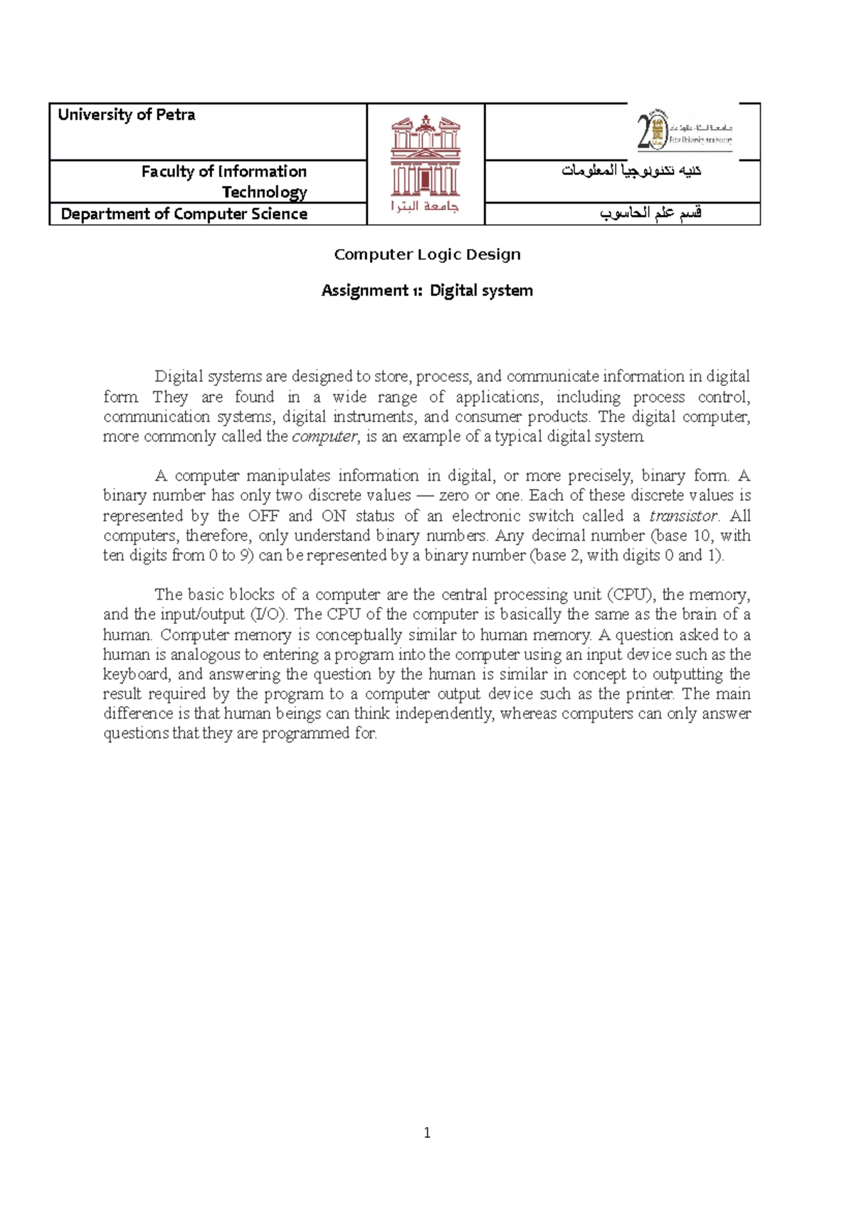 Assignment 1 logic - University of Petra Faculty of Information ...