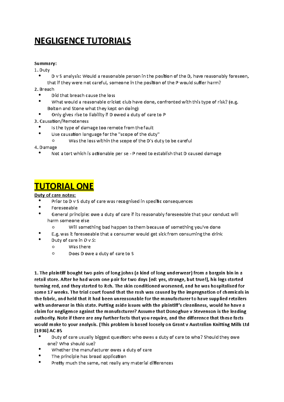 Negligence Tutorials - NEGLIGENCE TUTORIALS Summary: Duty D v S ...