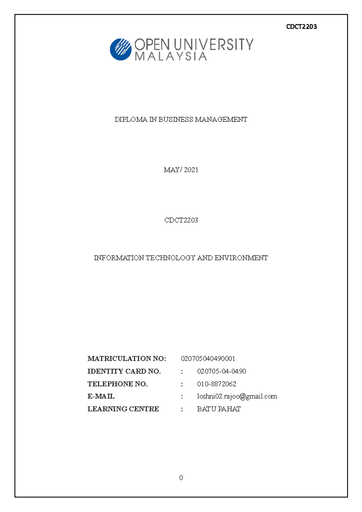 CDCT Assignment TEMP - DIPLOMA IN BUSINESS MANAGEMENT MAY/ 2021 CDCT ...