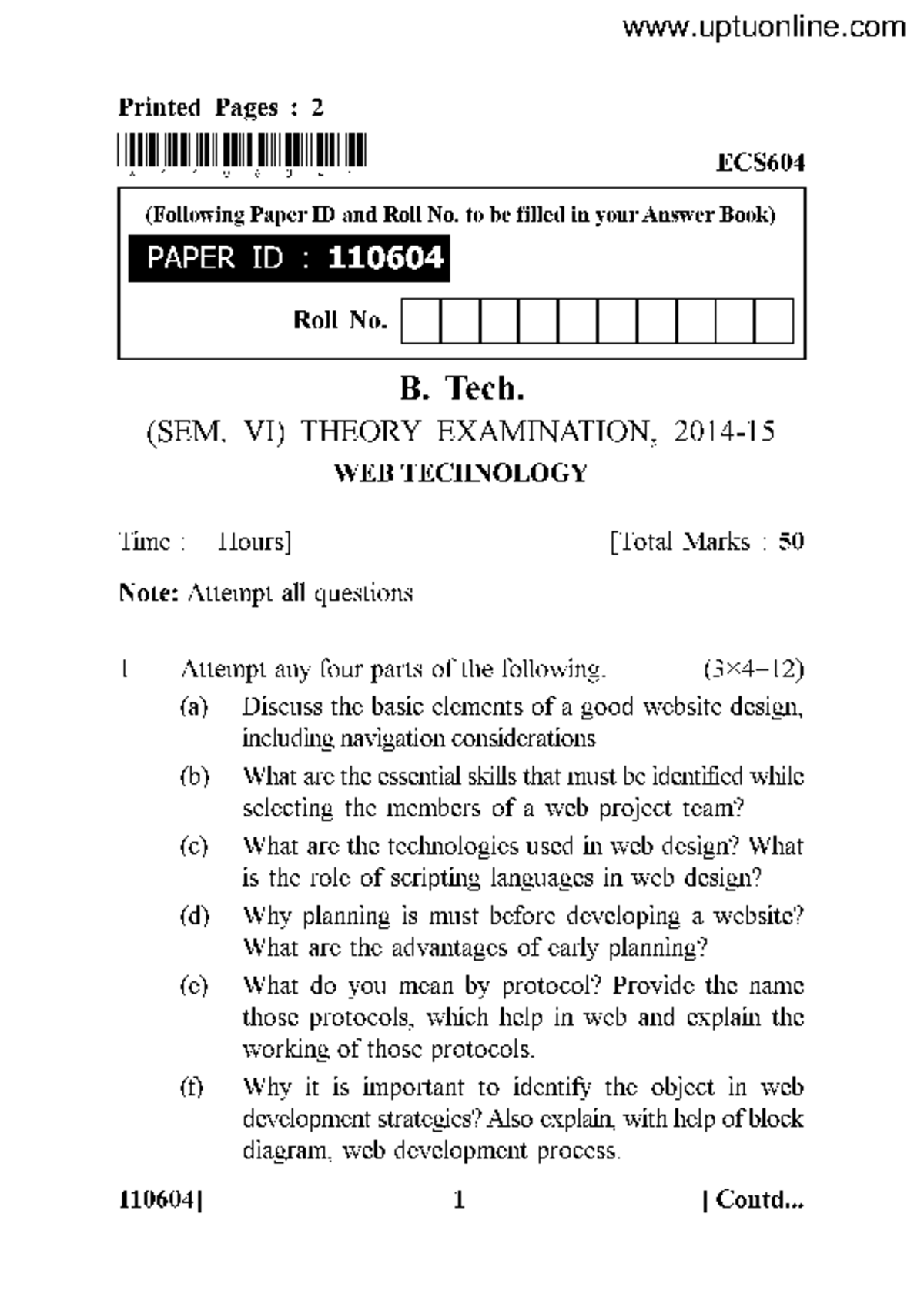 Btech cs 6 sem web technology ecs 604 2015 - Printed Pages : 2 ECS604 1 ...
