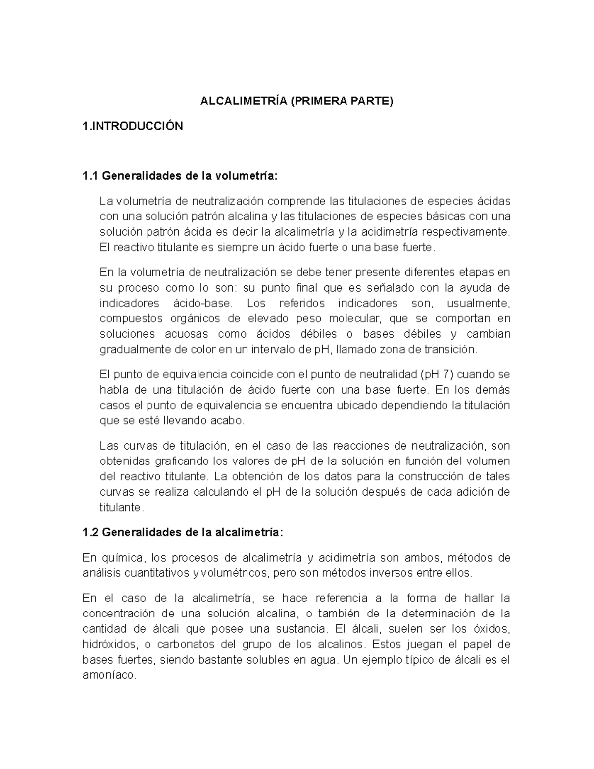 Alcalimetria (primera parte) - (PRIMERA PARTE) 1 Generalidades de la La ...