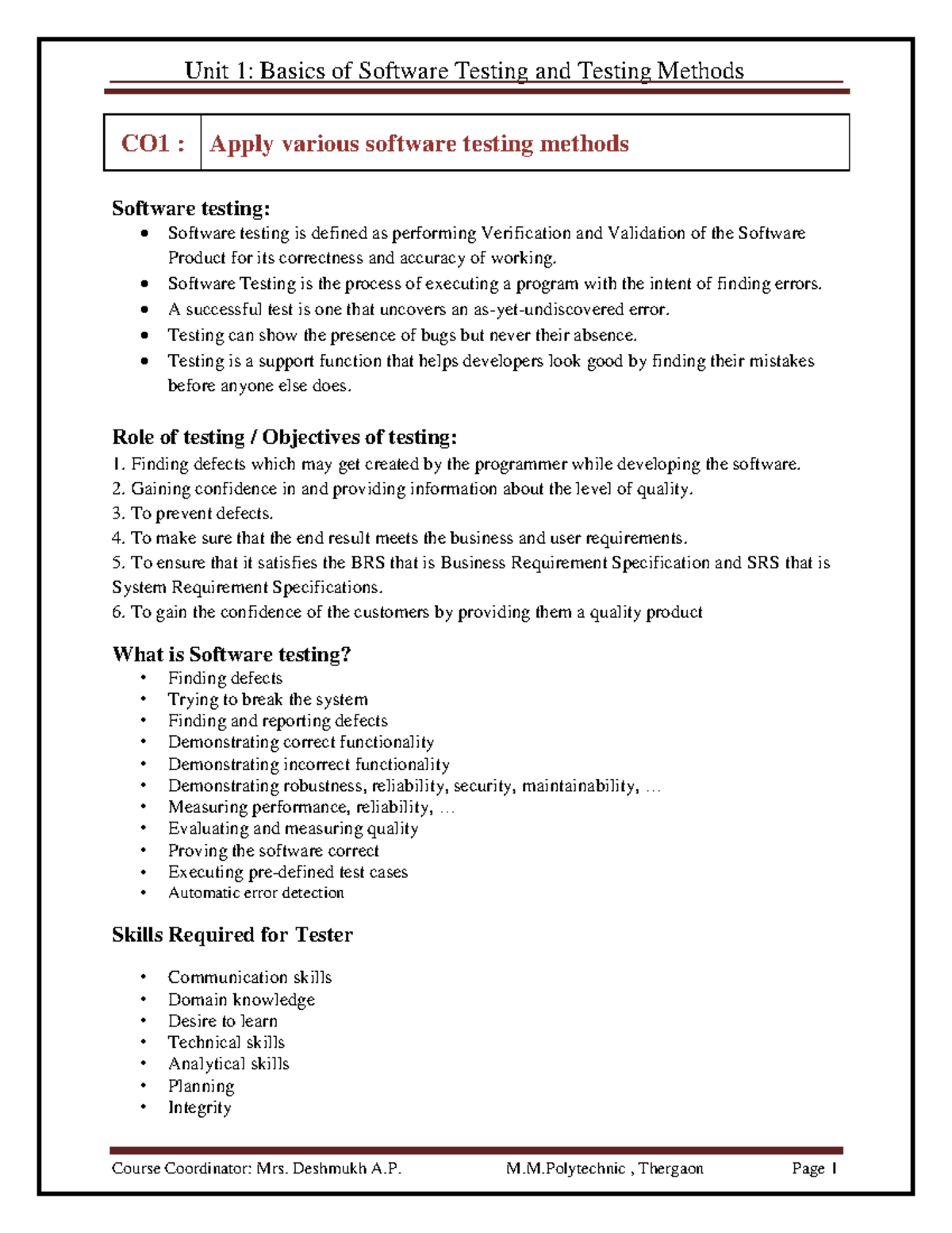 Unit 1 Basics Of Software Testing And Testing Methods Co1 Apply Various Software Testing