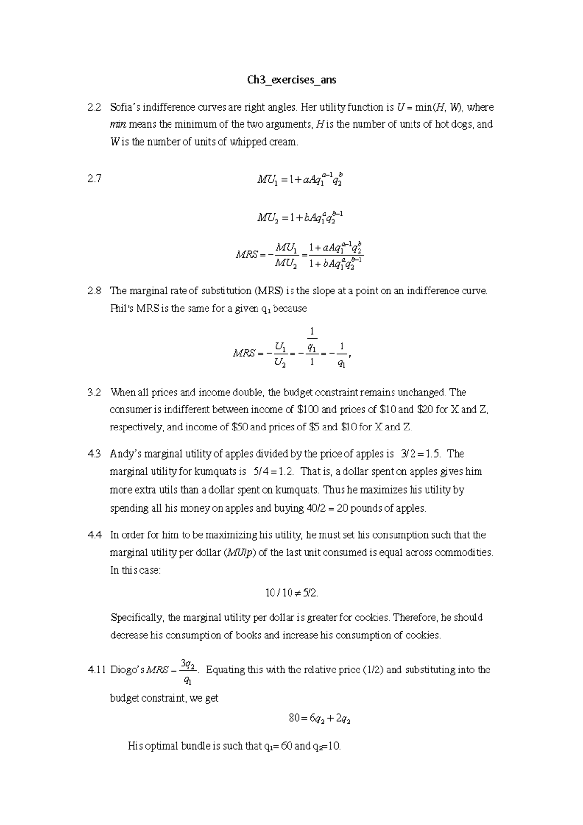 Ch3 ex ans - Excersise for chap 3 and answer - Ch3_exercises_ans 2 Sofia’s indifference curves ...