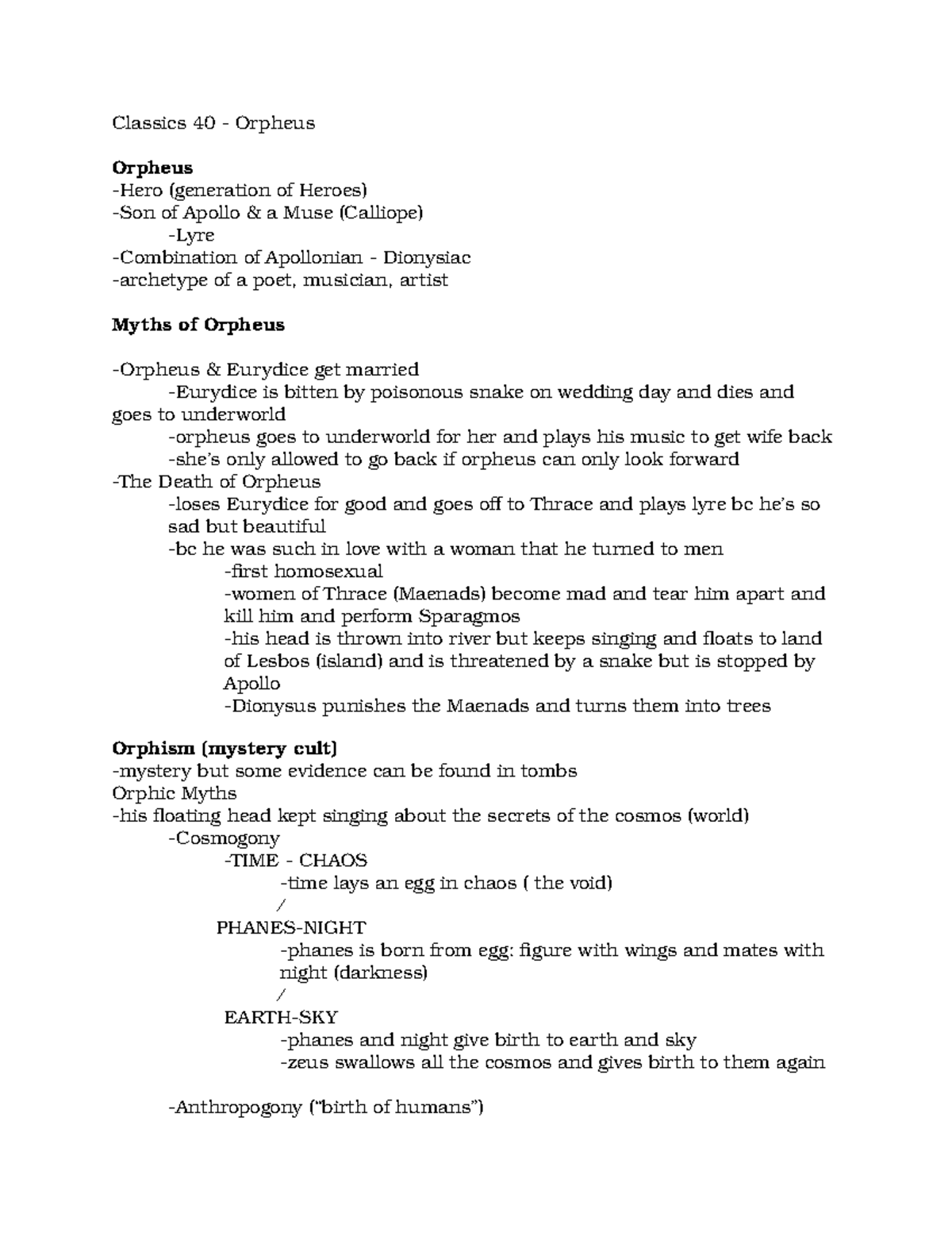 10/31 Lecture Notes - Classics 40 - Orpheus Orpheus -Hero (generation ...