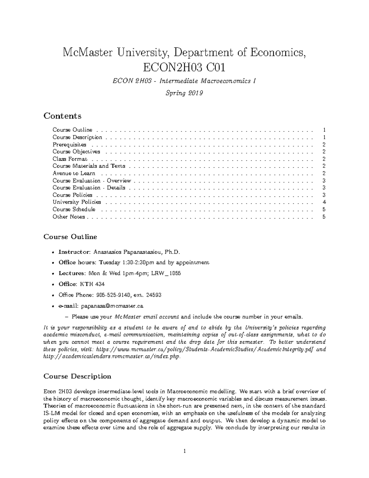 2h03 s19 - McMaster University, Department of Economics, ECON2H03 C01 ...