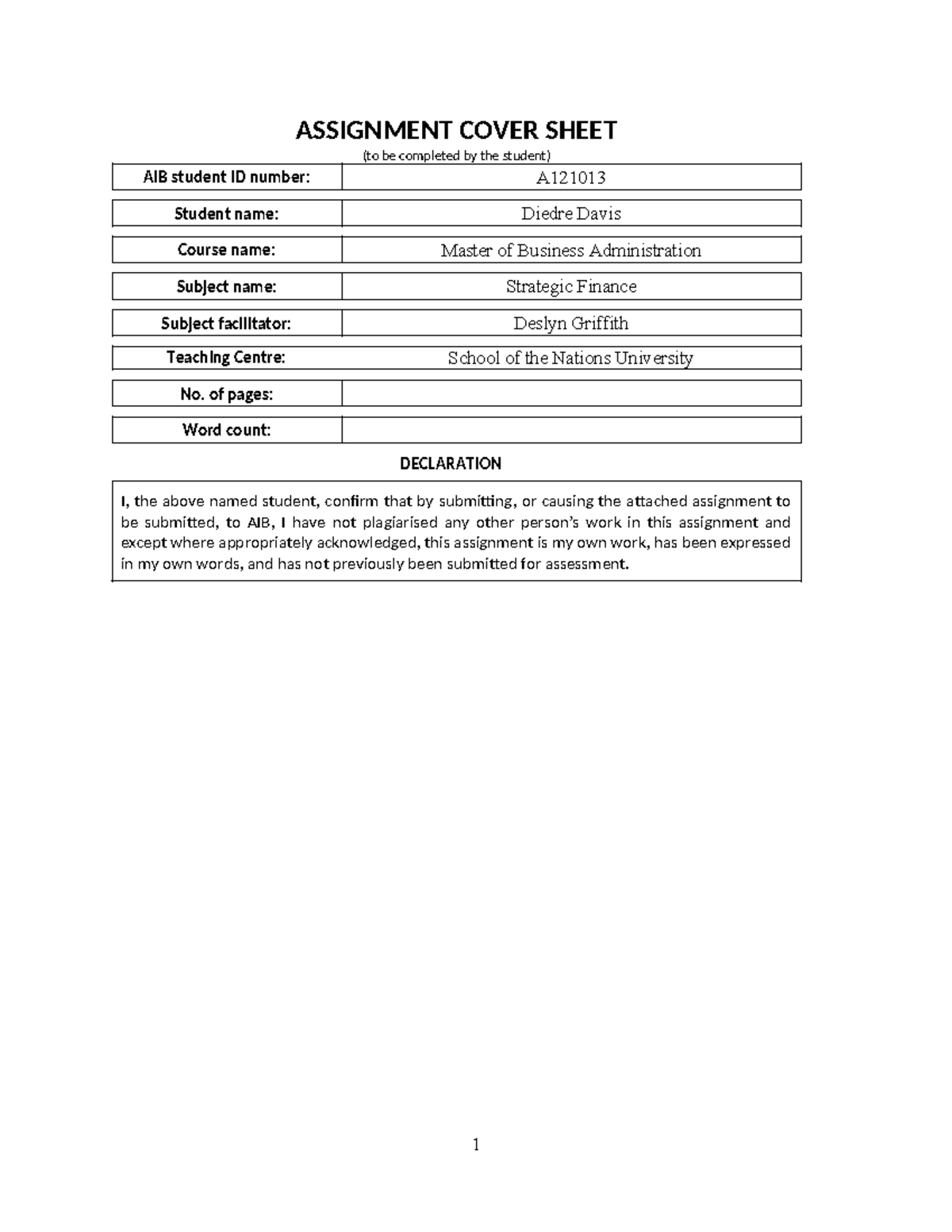 Complete Strategic Finance Assignment - ASSIGNMENT COVER SHEET (to be ...