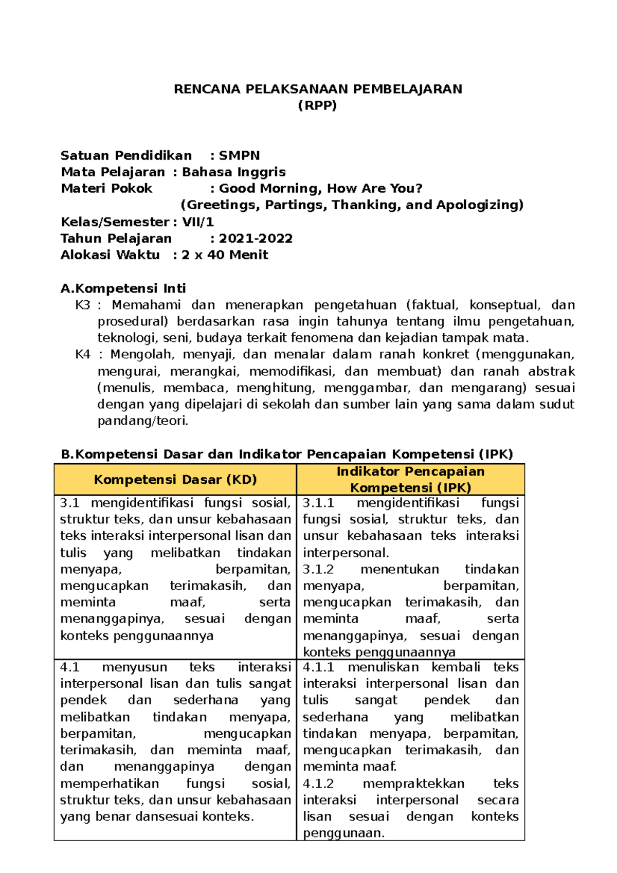 Practical Teaching Lesson Plan - RENCANA PELAKSANAAN PEMBELAJARAN (RPP ...