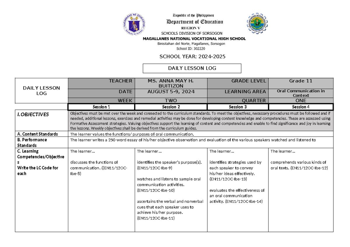 Oral Communication in Context 11 - Quarter 1 Week 2 - DAILY LESSON LOG ...